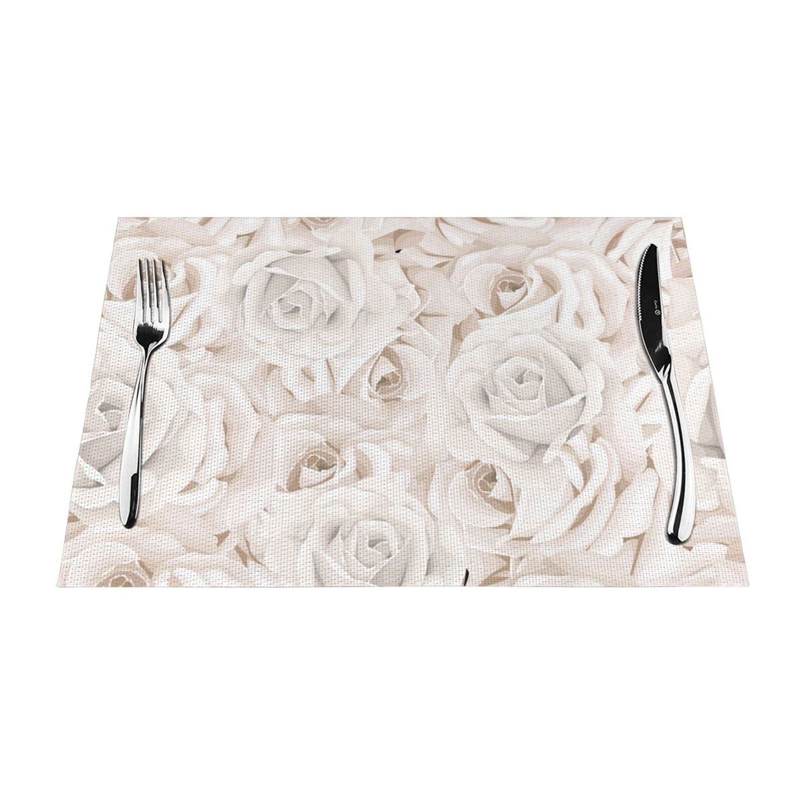 XMXT 4 Pcs PVC Woven Placemats, Rose Illustration White Stain Resistant ...