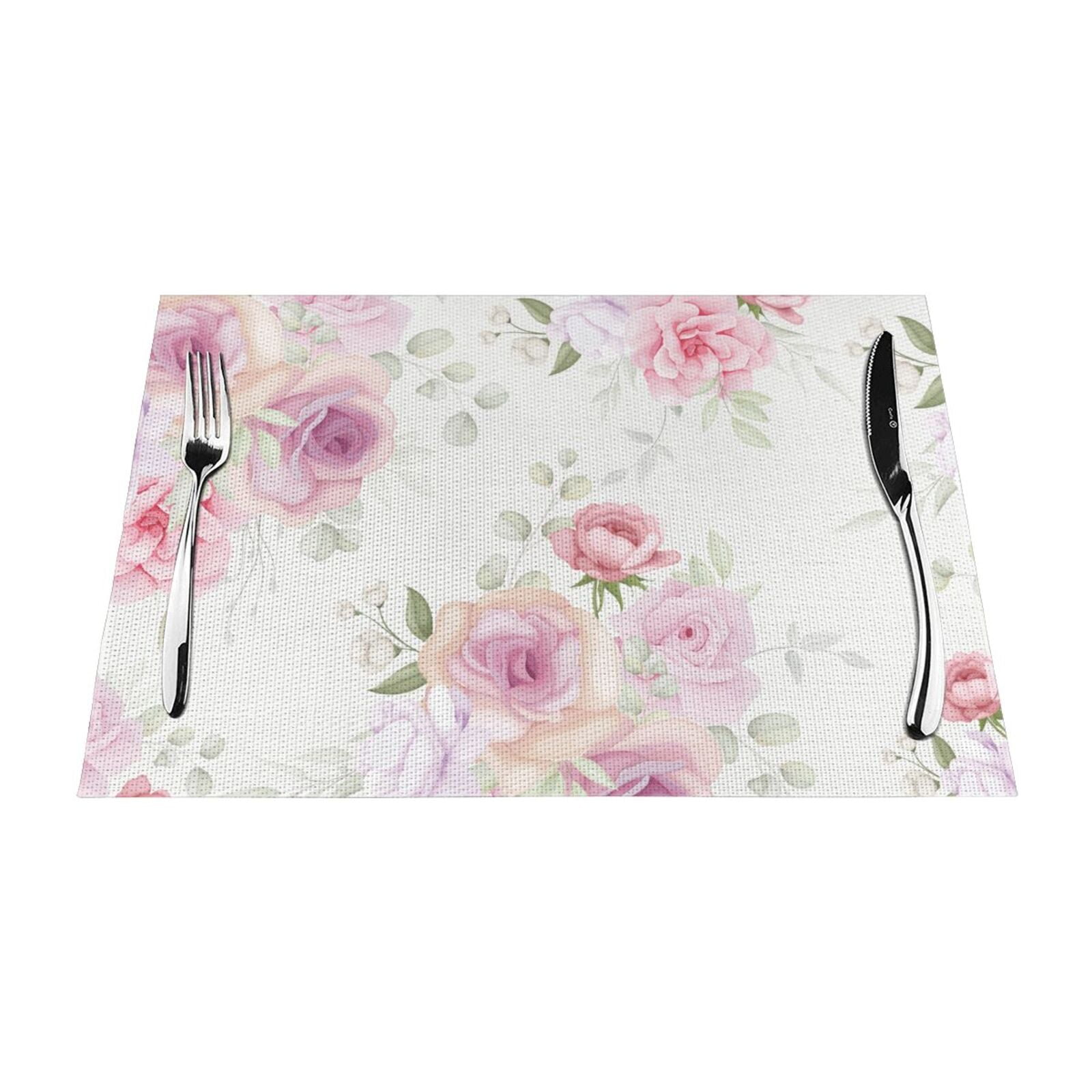 XMXT 6 Pcs PVC Woven Placemats, Elegant Pink Roses Print Stain ...