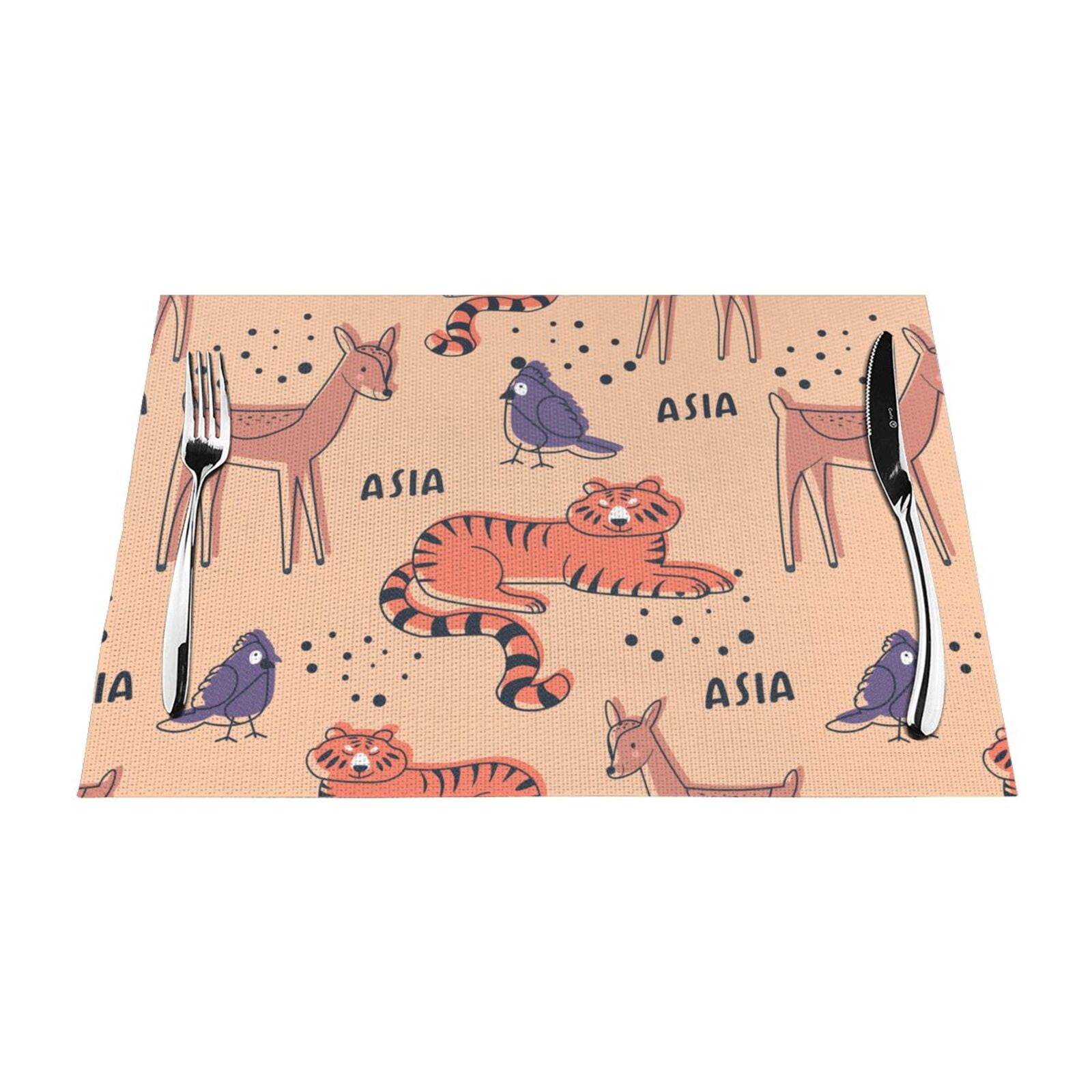 XMXT 6 Pcs PVC Woven Placemats, Tiger Deer Illustration Stain Resistant ...