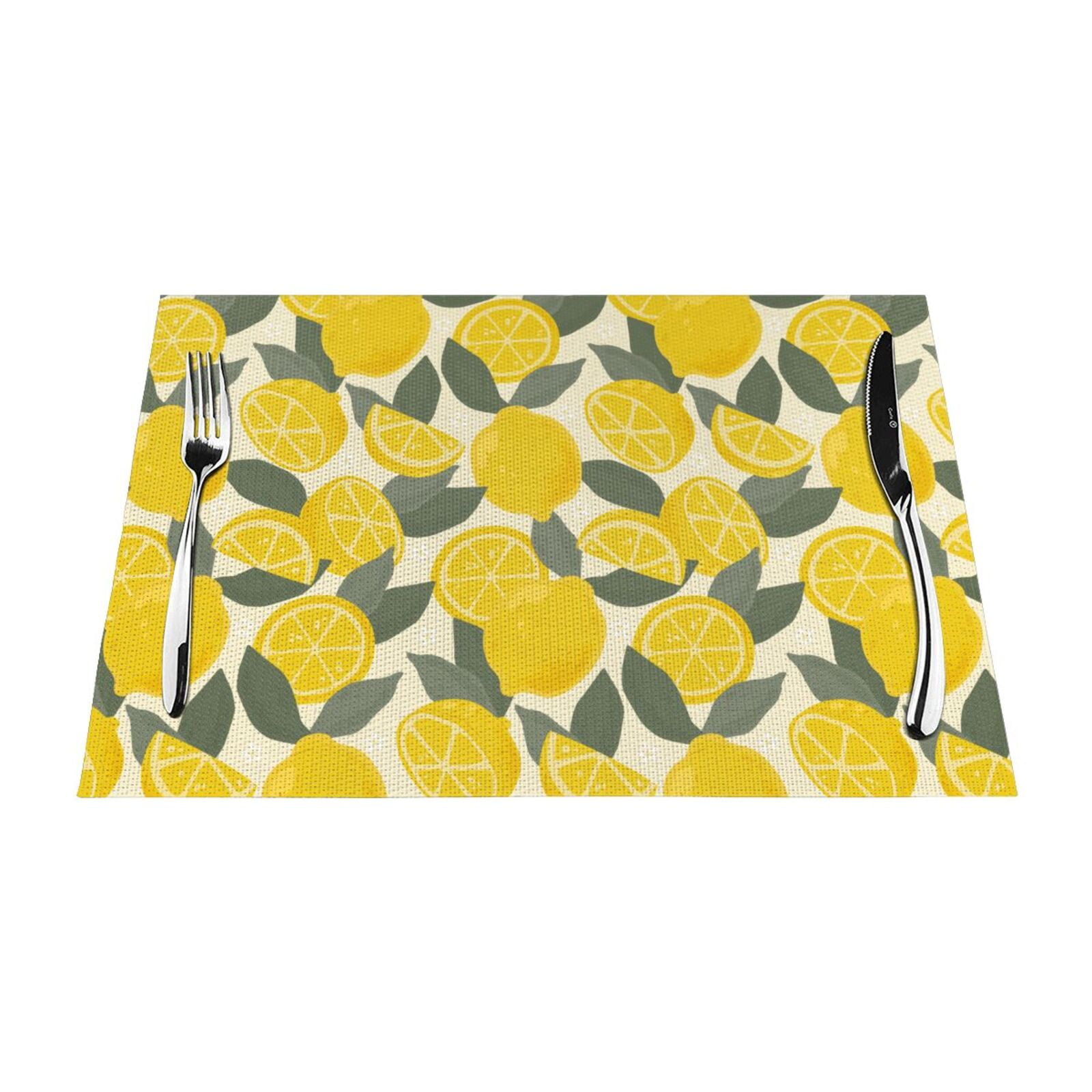 XMXT 6 Pcs PVC Woven Placemats, Yellow Fun Lemon Print Stain Resistant ...