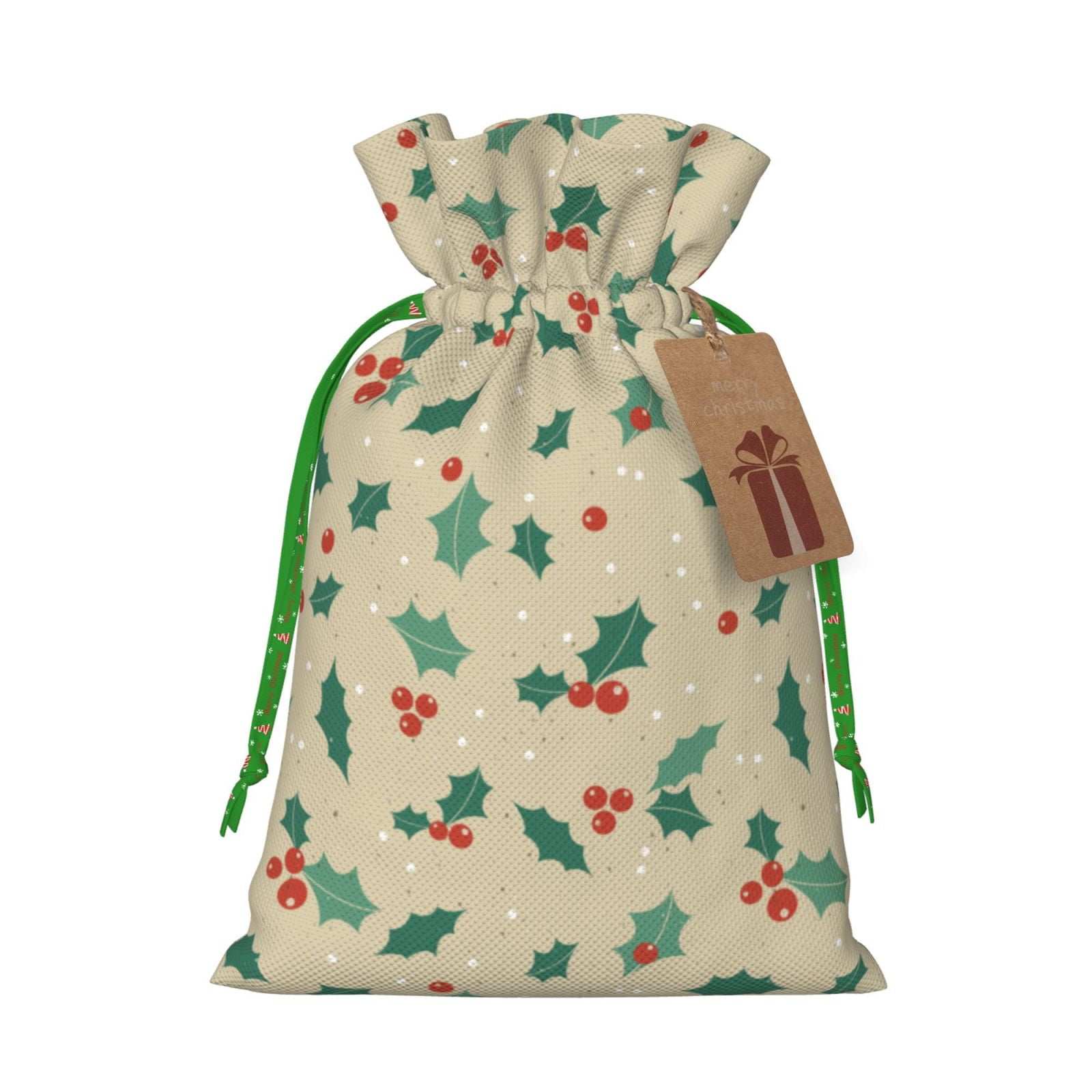 XMXT Christmas Drawstring Gift Bags, Christmas Hollyhock Beige Print ...