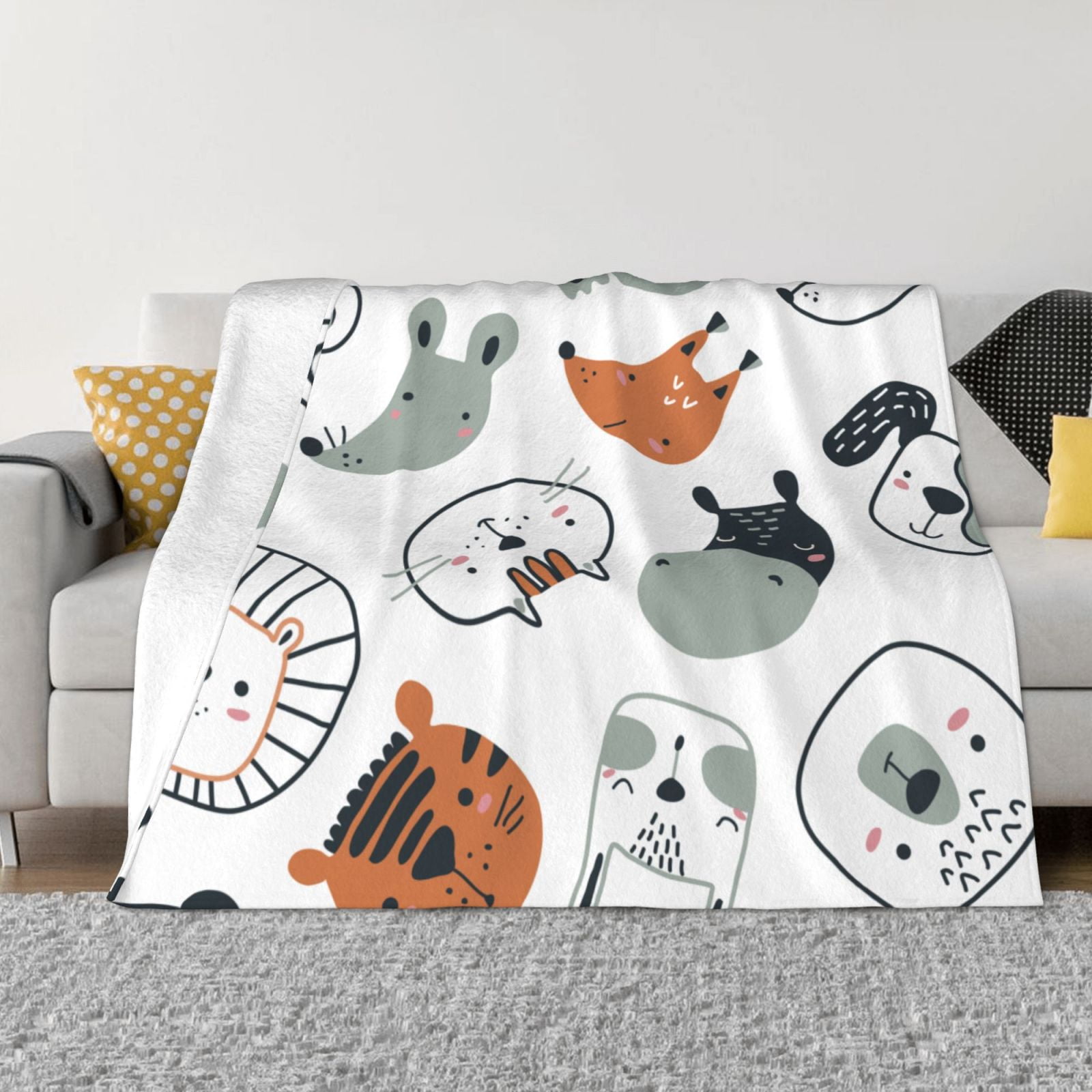 XMXT Flannel Throw Blanket for Couch, Animal Head Line Drawing Bed Sofa ...
