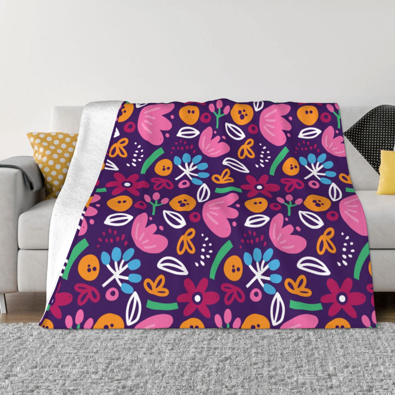 XMXT Flannel Throw Blanket for Couch, Cartoon Flower Doodle Bed Sofa ...