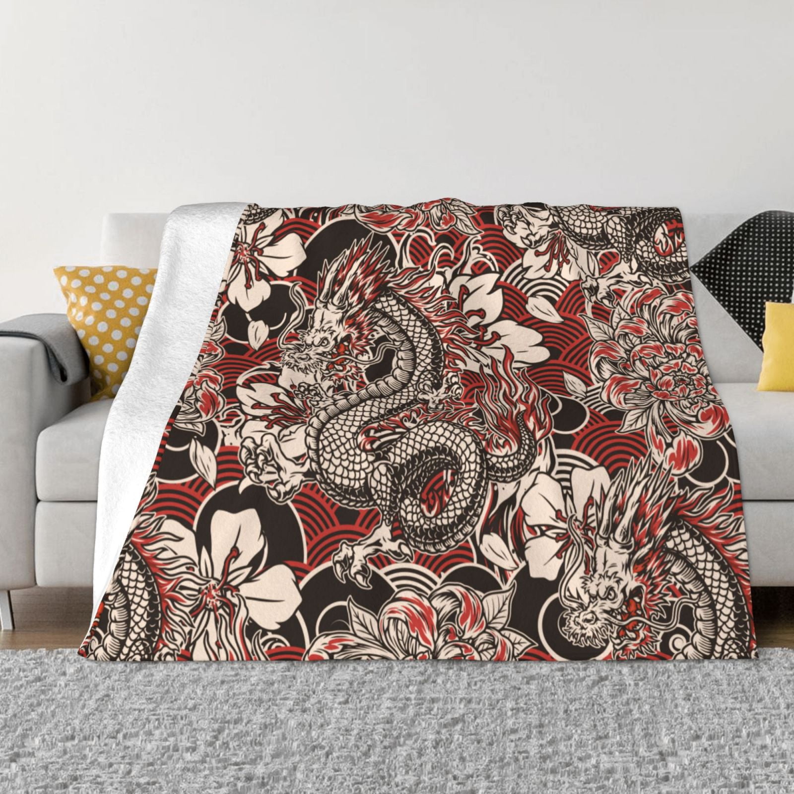 XMXT Flannel Throw Blanket for Couch, Chinese Dragon Prints Bed Sofa ...