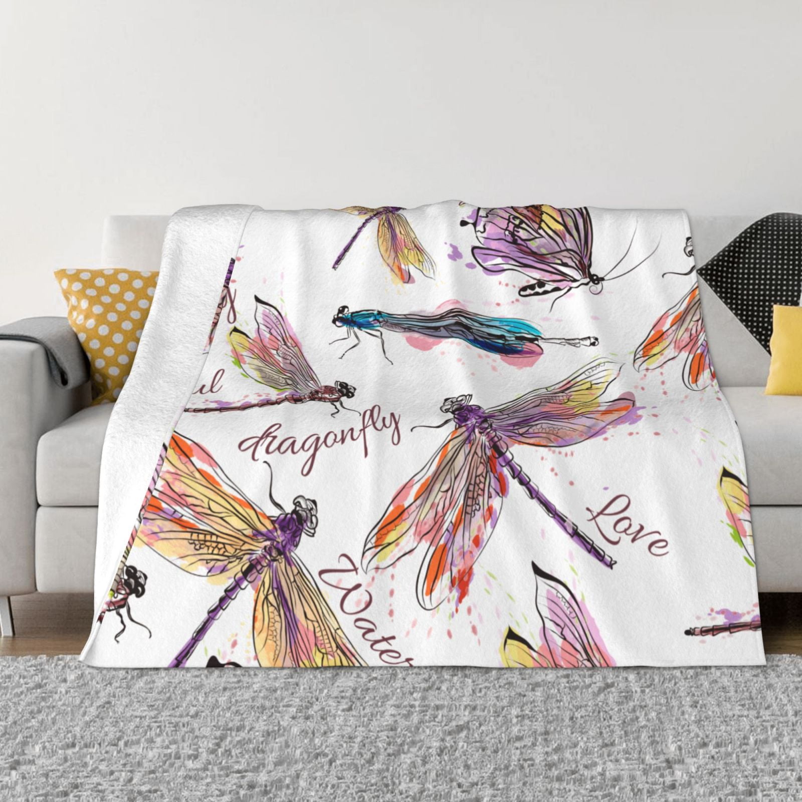 XMXT Flannel Throw Blanket for Couch, Dragonfly Butterfly Watercolor ...
