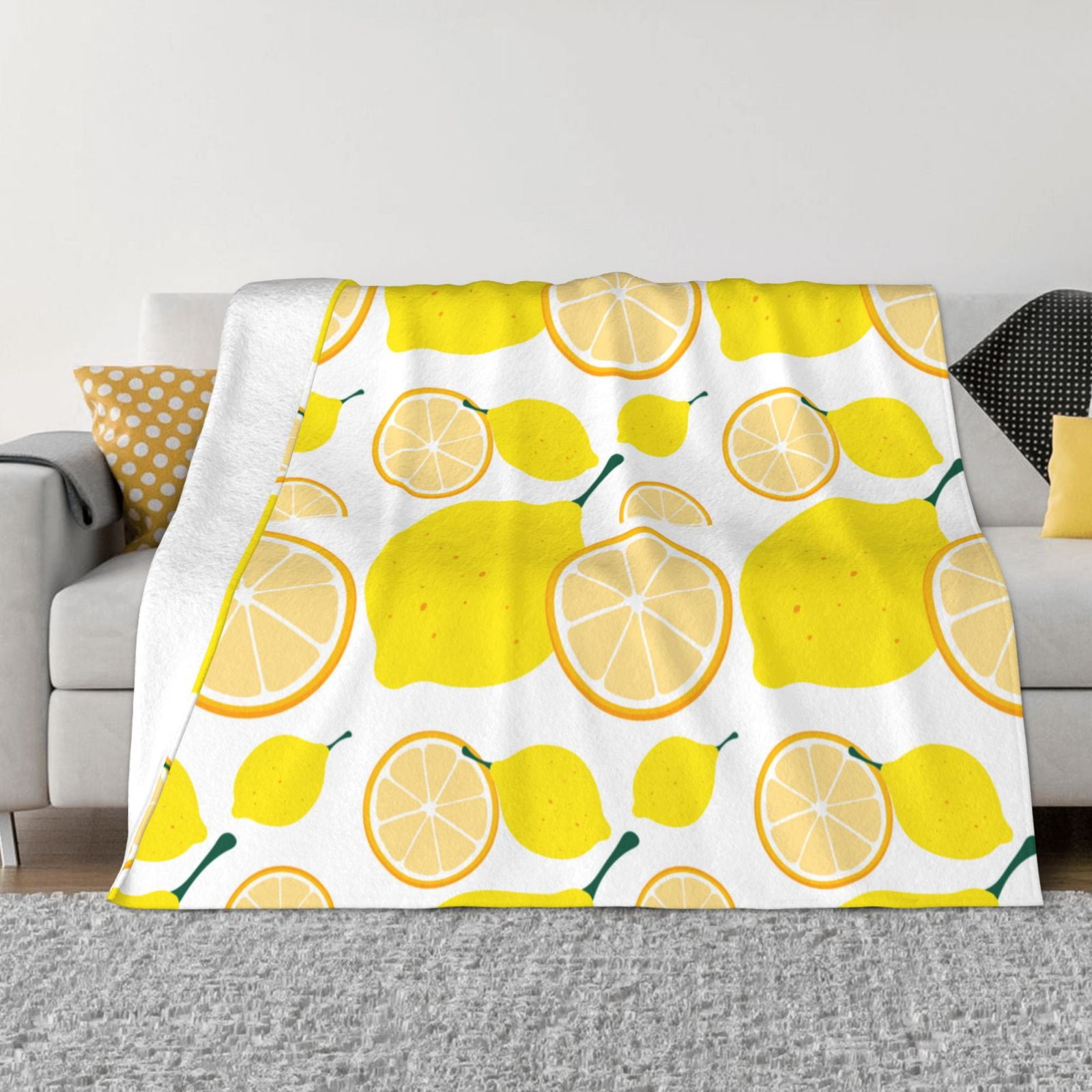 XMXT Flannel Throw Blanket for Couch, Fruit Lemon Print Bed Sofa Decor ...