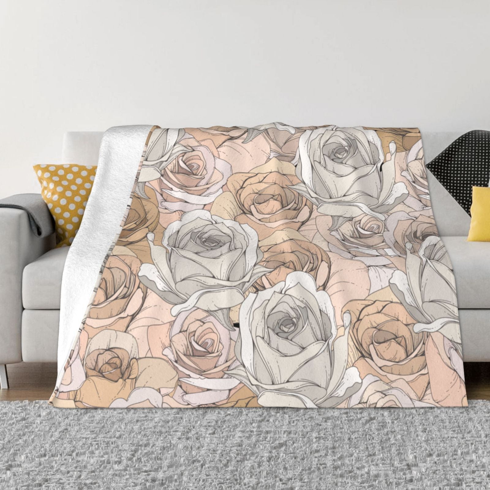XMXT Flannel Throw Blanket for Couch, Hand Drawn Elegant Rose Bed Sofa ...