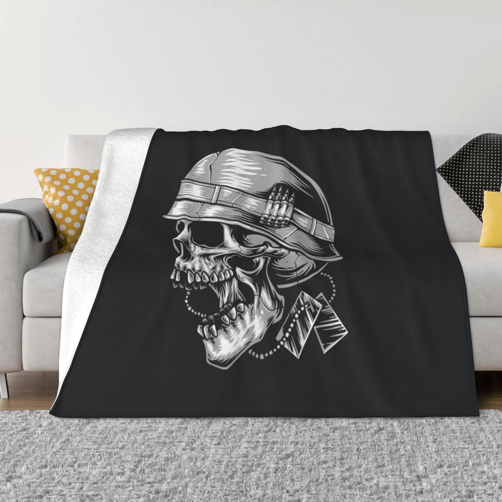 XMXT Flannel Throw Blanket for Couch, Helmet Wearing Skull Print Bed Sofa Decor Blankets for ...