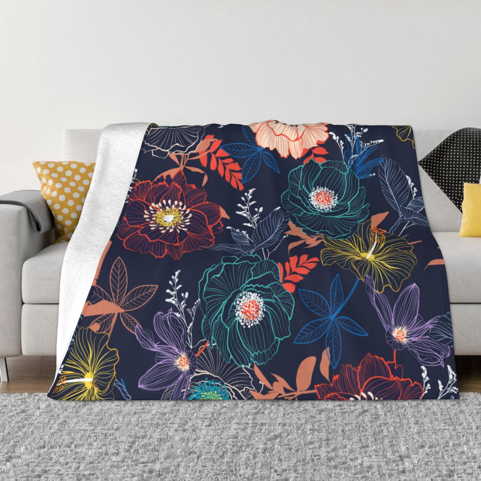 XMXT Flannel Throw Blanket for Couch, Lines Floral Print Bed Sofa Decor ...