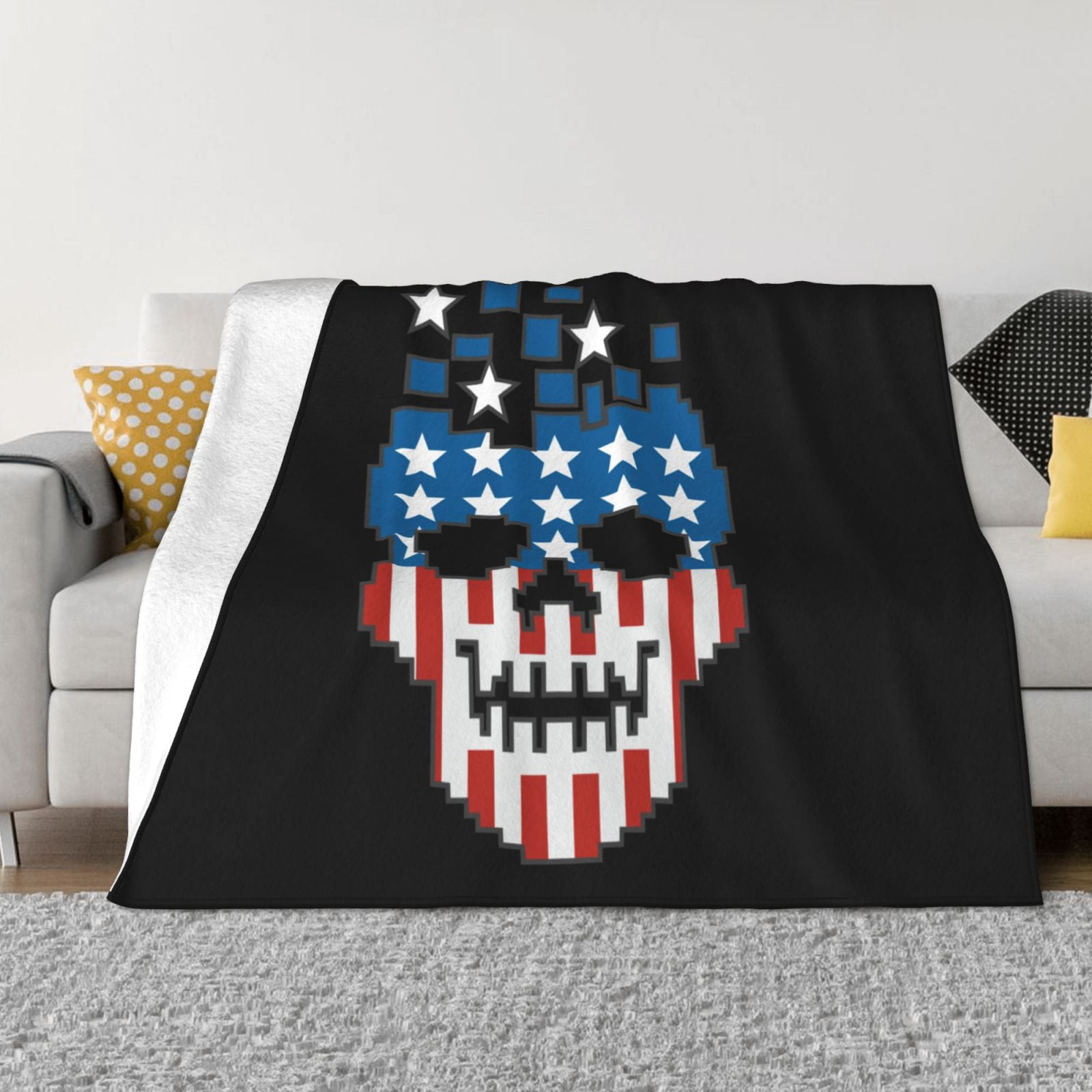 XMXT Flannel Throw Blanket for Couch, Pixel Flag Skull Bed Sofa Decor Blankets for Home Bedroom ...