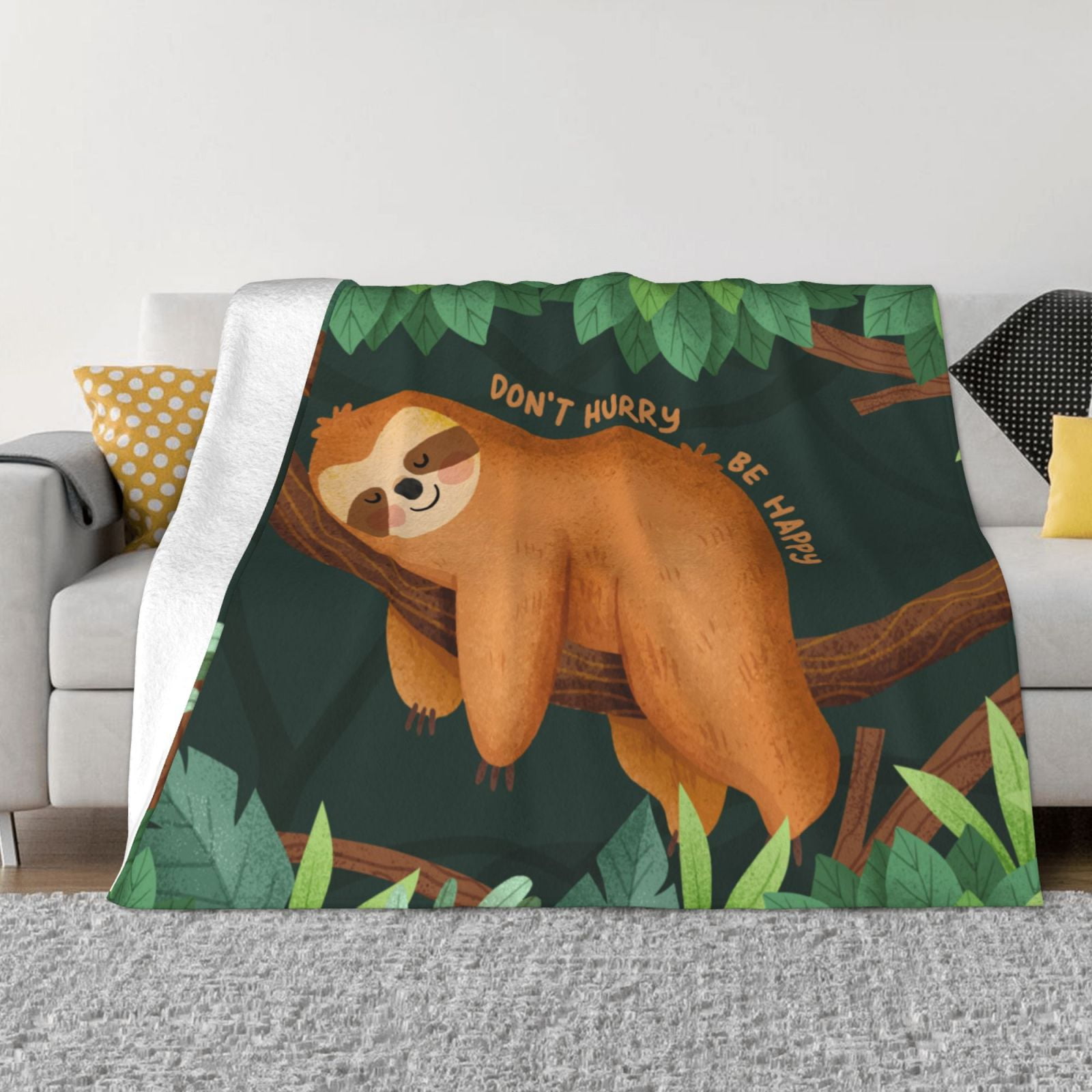 XMXT Flannel Throw Blanket for Couch, Sleeping Sloth Illustration Bed ...