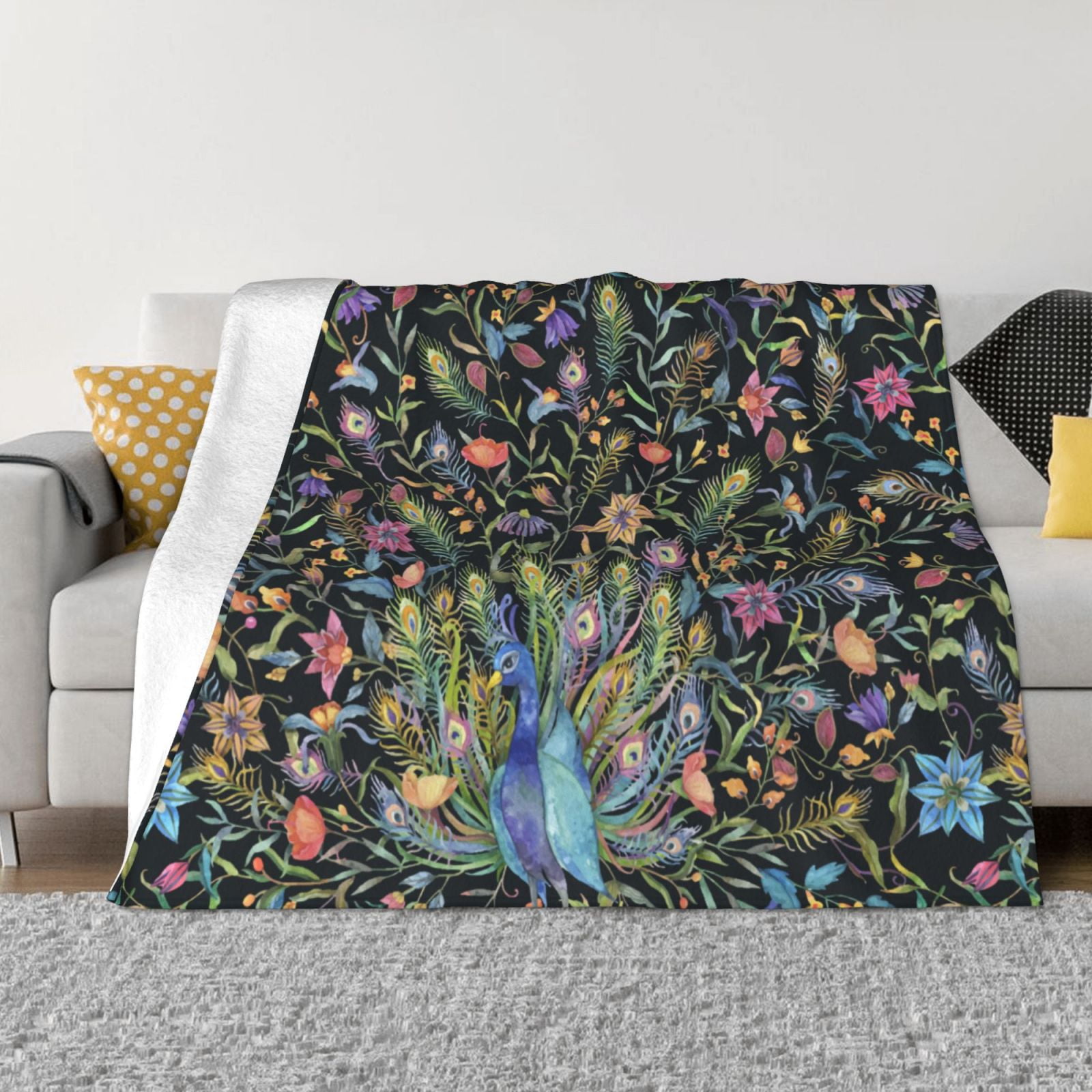 XMXT Flannel Throw Blanket for Couch, Watercolor Flower Peacock Bed ...