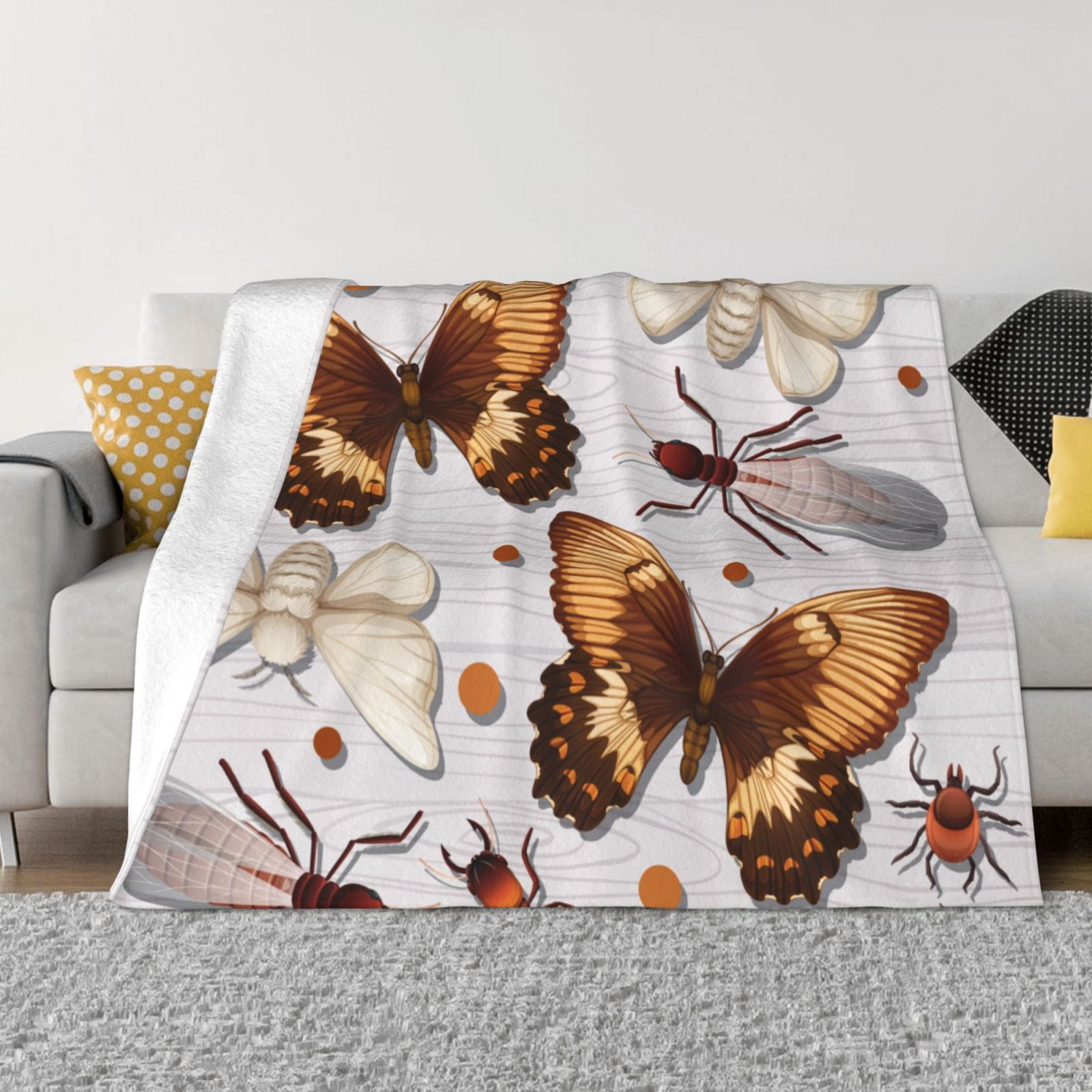 XMXT Flannel Throw Blanket for Couch, Wood Grain Butterflies Insects ...