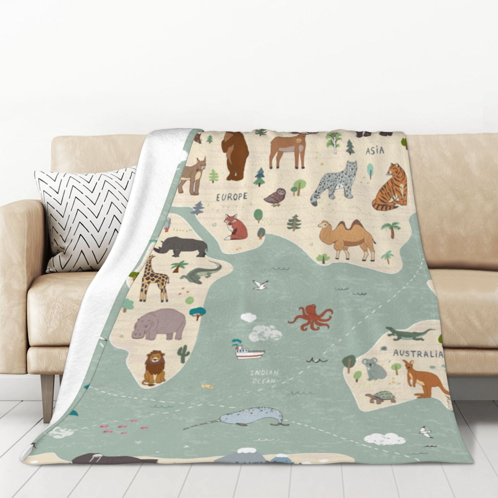 XMXT Flannel Warm Throw Blanket, Animal Map Drawing Bedroom Decor ...