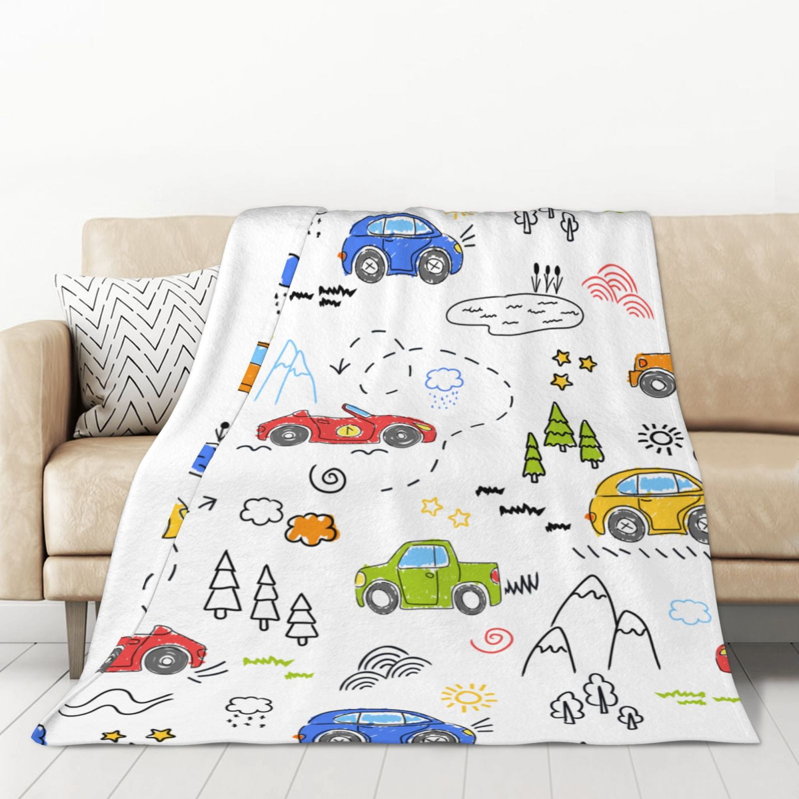 XMXT Flannel Warm Throw Blanket, Car Cartoon Line Drawing Bedroom Decor ...
