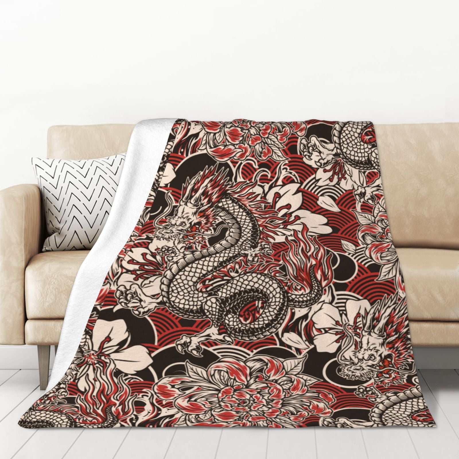 XMXT Flannel Warm Throw Blanket, Chinese Dragon Prints Bedroom Decor ...