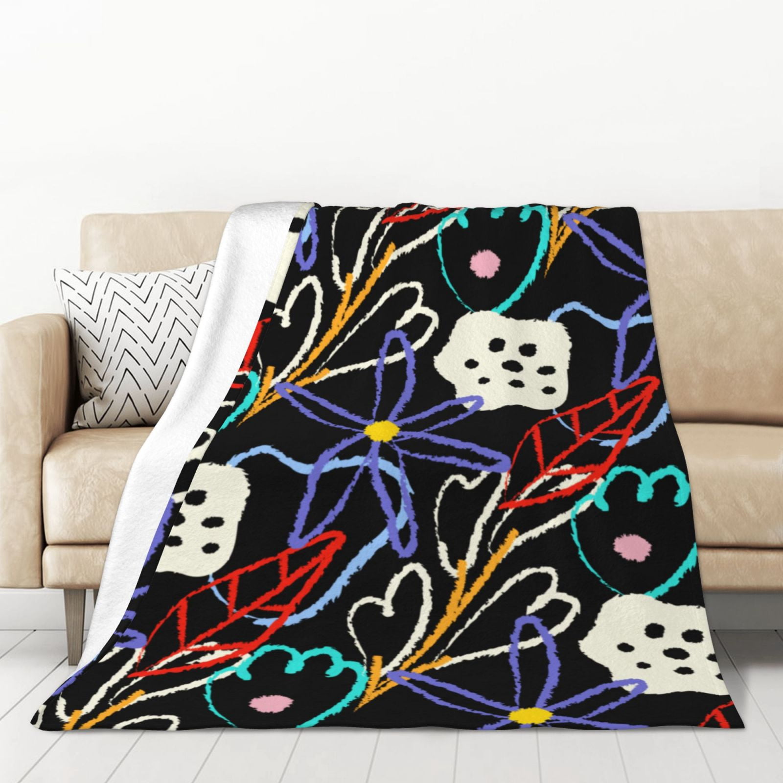 XMXT Flannel Warm Throw Blanket, Crayon Flower Print Bedroom Decor ...