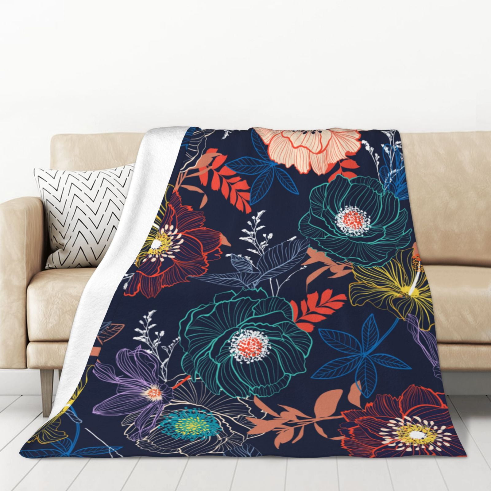 XMXT Flannel Warm Throw Blanket, Lines Floral Print Bedroom Decor ...