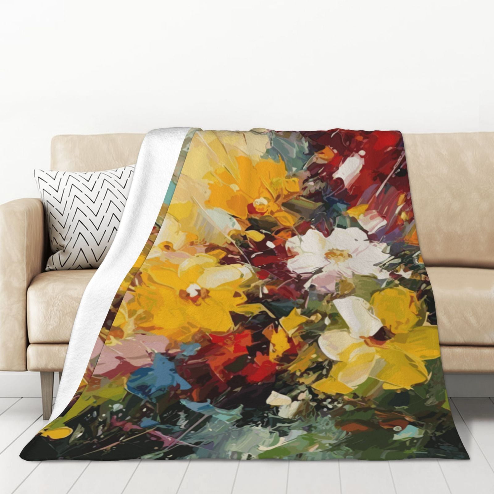 XMXT Flannel Warm Throw Blanket, Oil Painting Floral Patterns Bedroom ...