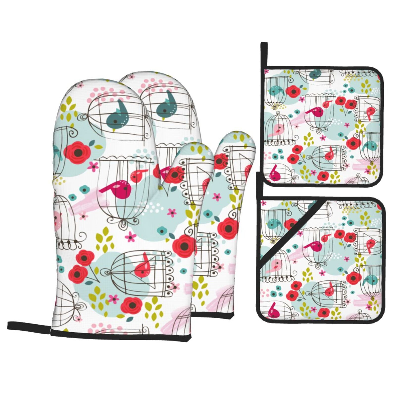 Xmxt Heat Resistant Oven Mitts And Pot Holders Sets Caged Bird Illustration Oven Mitt Hot Pads