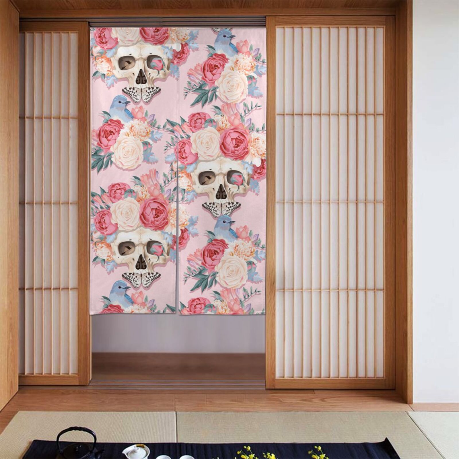 XMXT Japanese Noren Doorway Room Divider Curtain,Pink Roses Skeleton ...