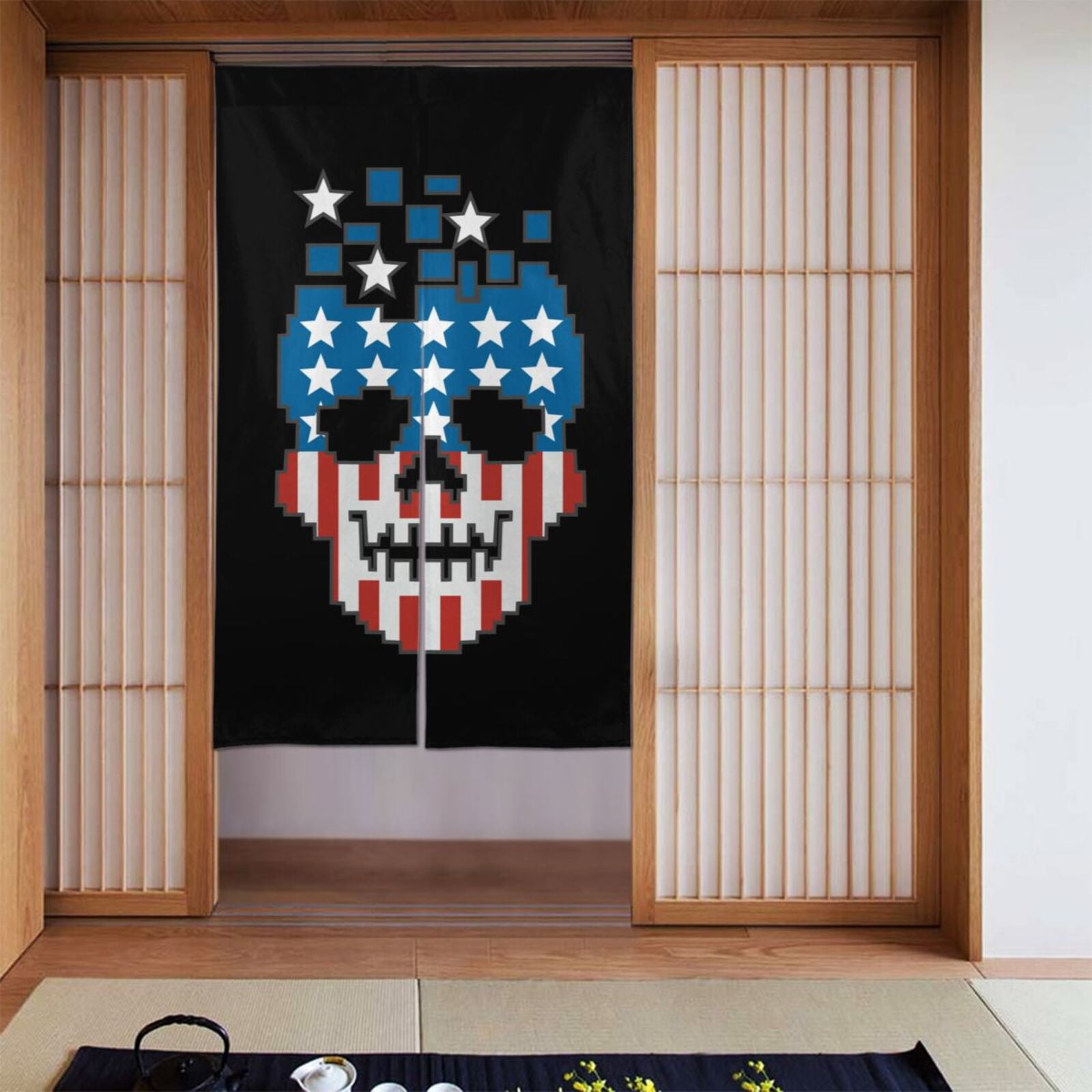 XMXT Japanese Noren Doorway Room Divider Curtain,Pixel Flag Skull ...