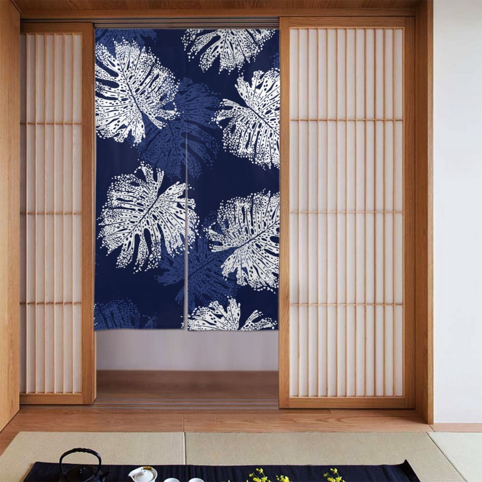 XMXT Japanese Noren Doorway Room Divider Curtain,White Tropical Leaves ...