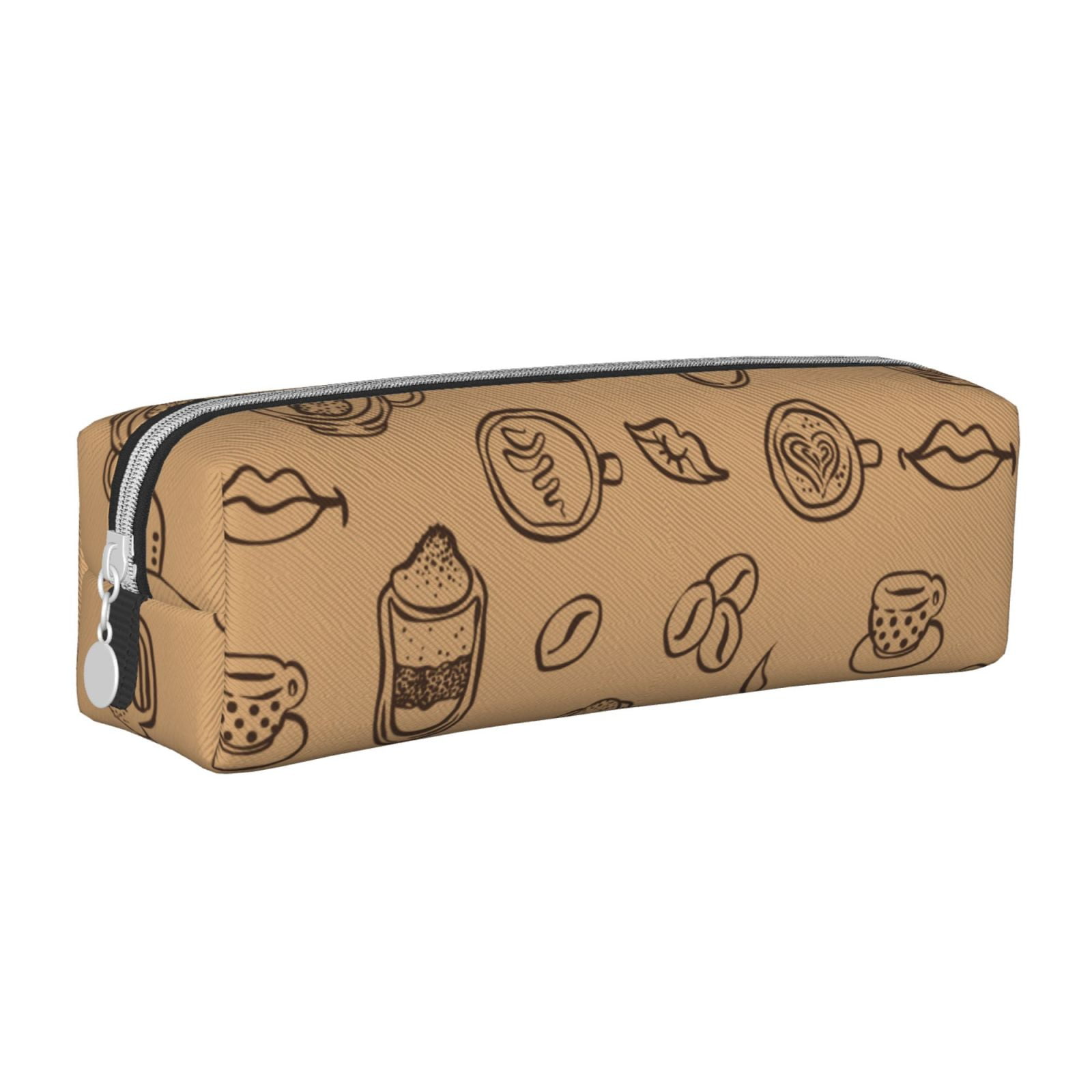 XMXT Leather Pencil Case, Coffee Pencil Print Large Capacity Pencil ...
