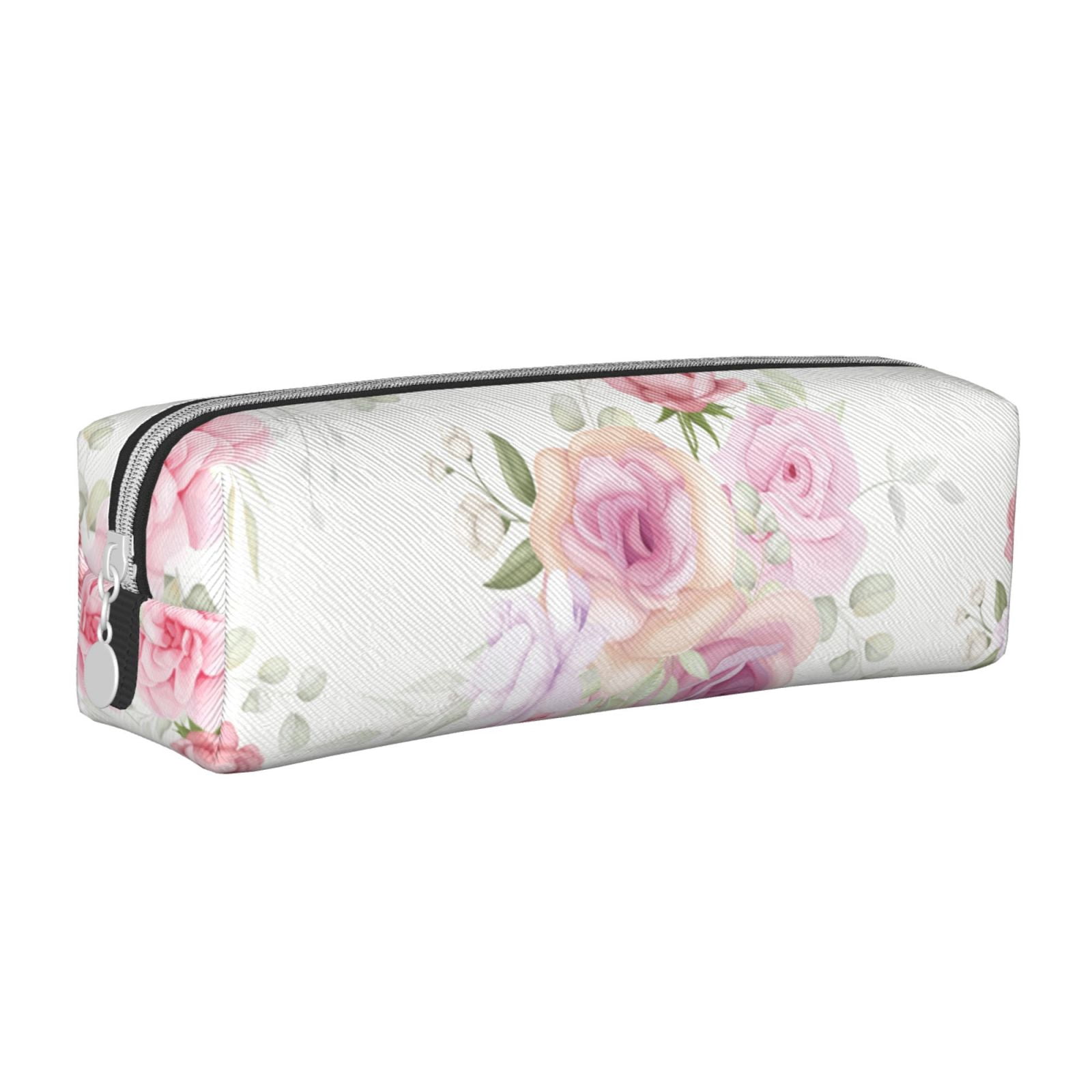 XMXT Leather Pencil Case, Elegant Pink Roses Print Large Capacity ...