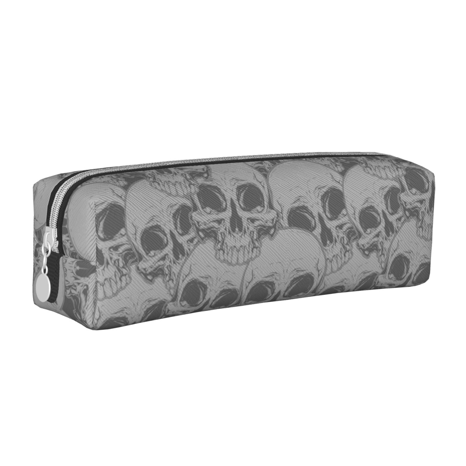 XMXT Leather Pencil Case, Grey Skeleton Print Large Capacity Pencil ...