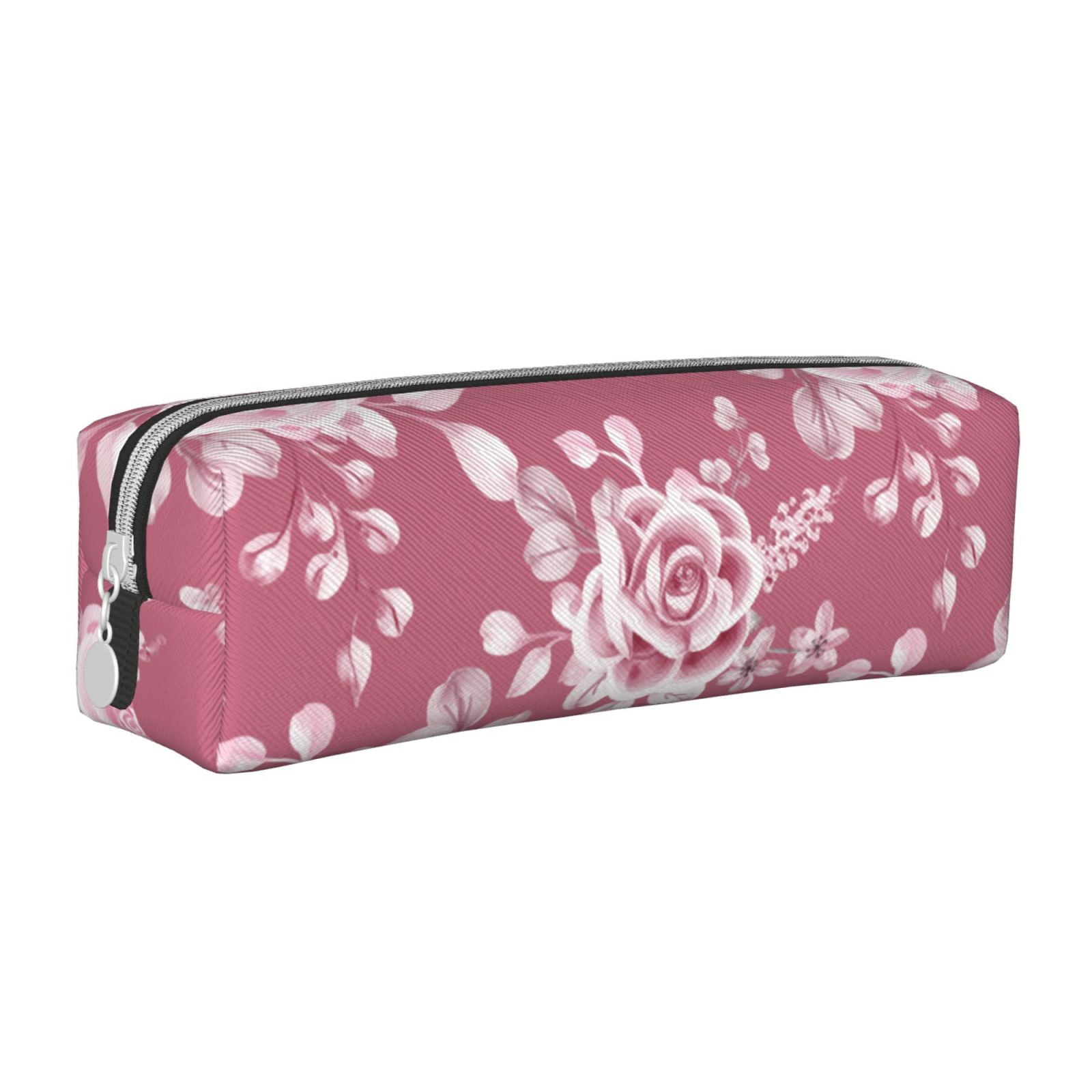 XMXT Leather Pencil Case, Hand Painted Pink Roses Large Capacity Pencil ...