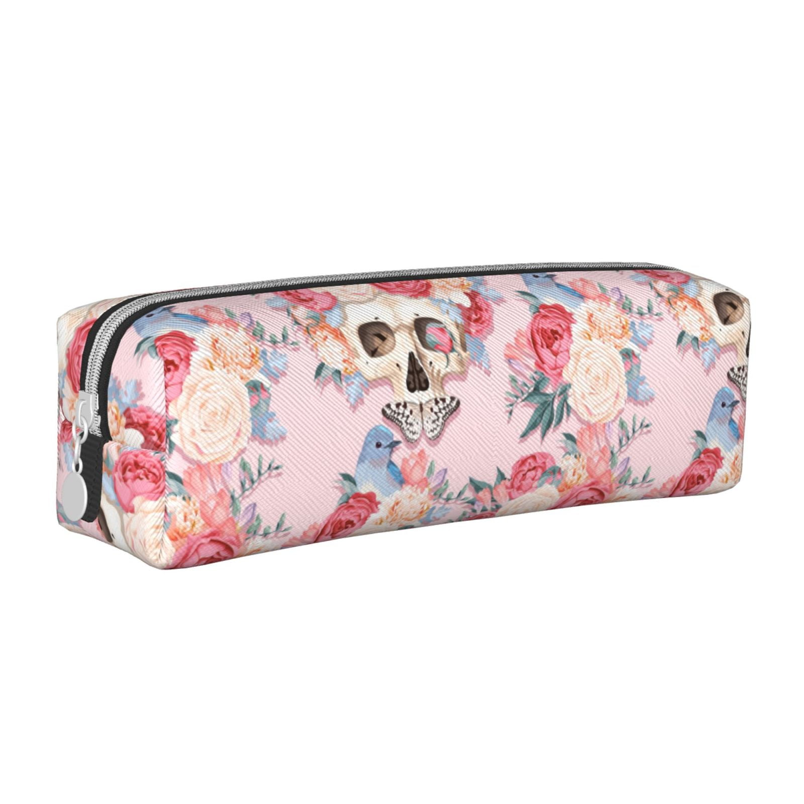 XMXT Leather Pencil Case, Skeleton Butterflies Rose Watercolor Large ...