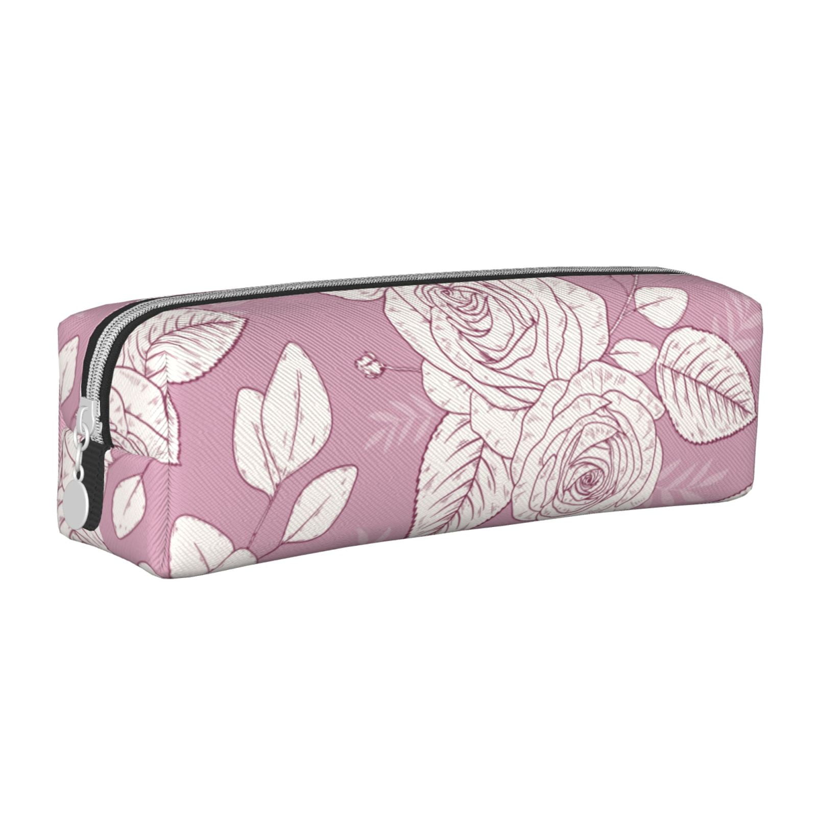 XMXT Leather Pencil Case, White Hand Painted Roses Large Capacity ...