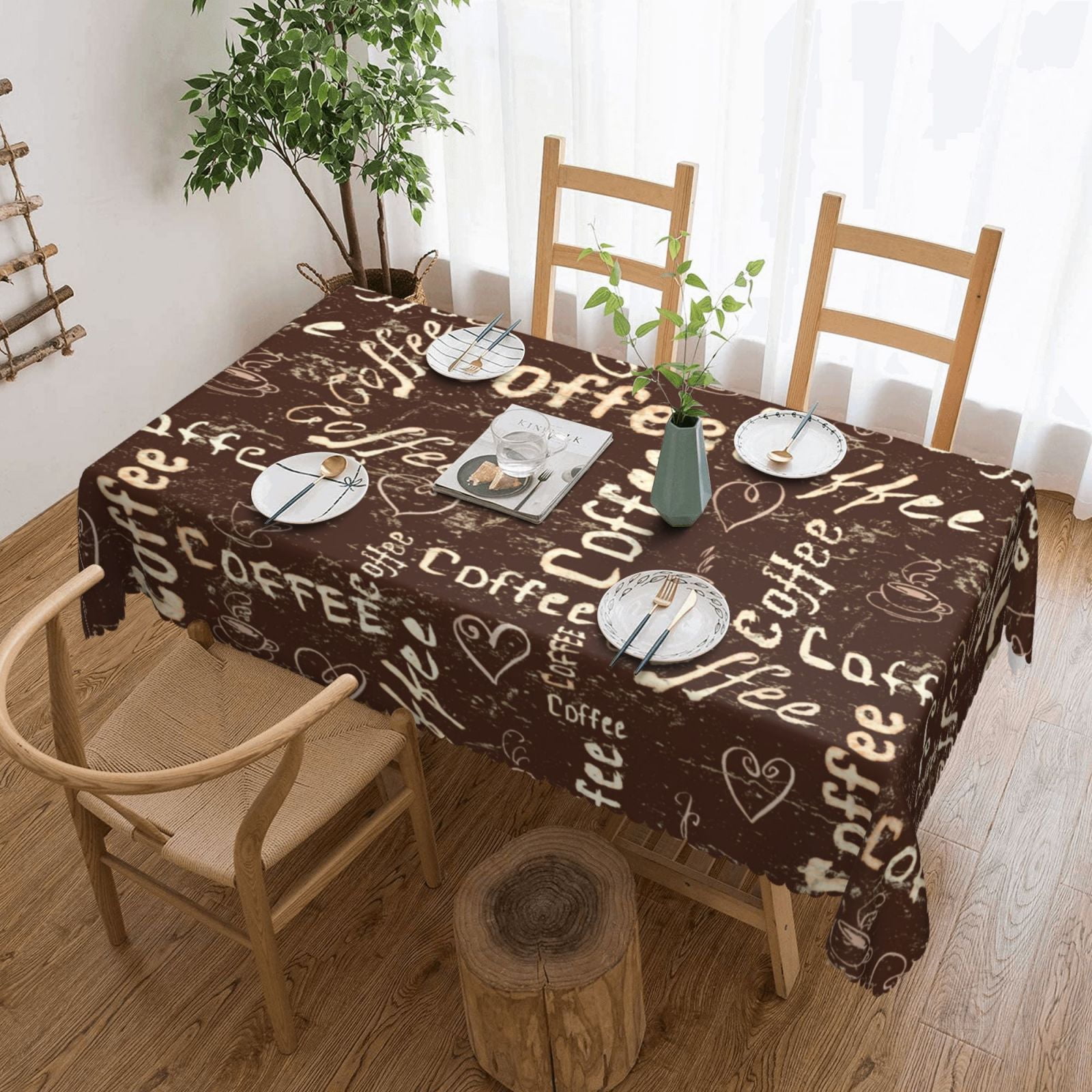 XMXT Polyester Rectangle Tablecloth, Retro Coffee Graffiti Waterproof ...