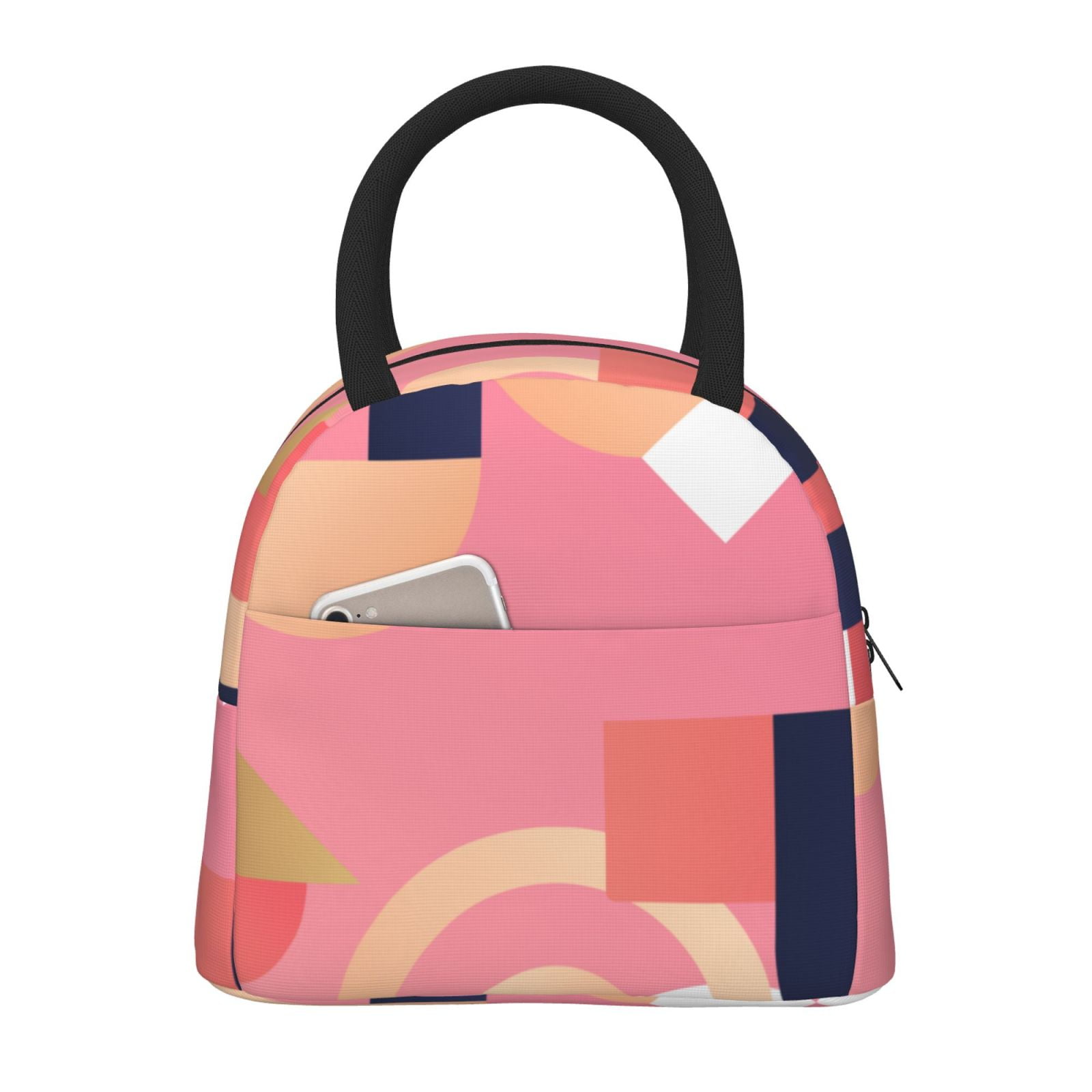 XMXT Reusable Lunch Bag Women, Art Geometric Pink Print Large Lunchbox ...