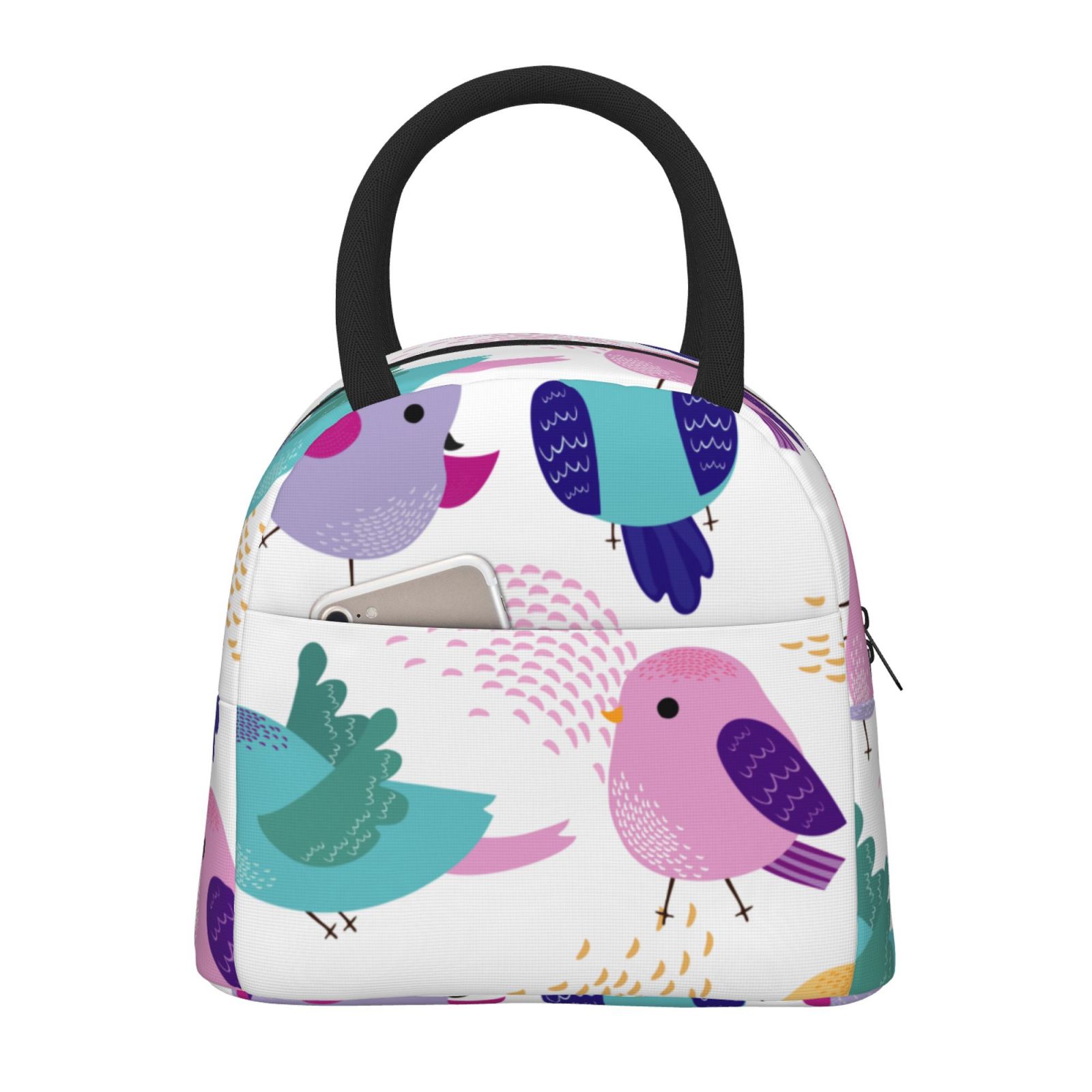 XMXT Reusable Lunch Bag Women, Colorful Cartoon Bird Painting Large Lunchbox Insulated Lunch Box ...