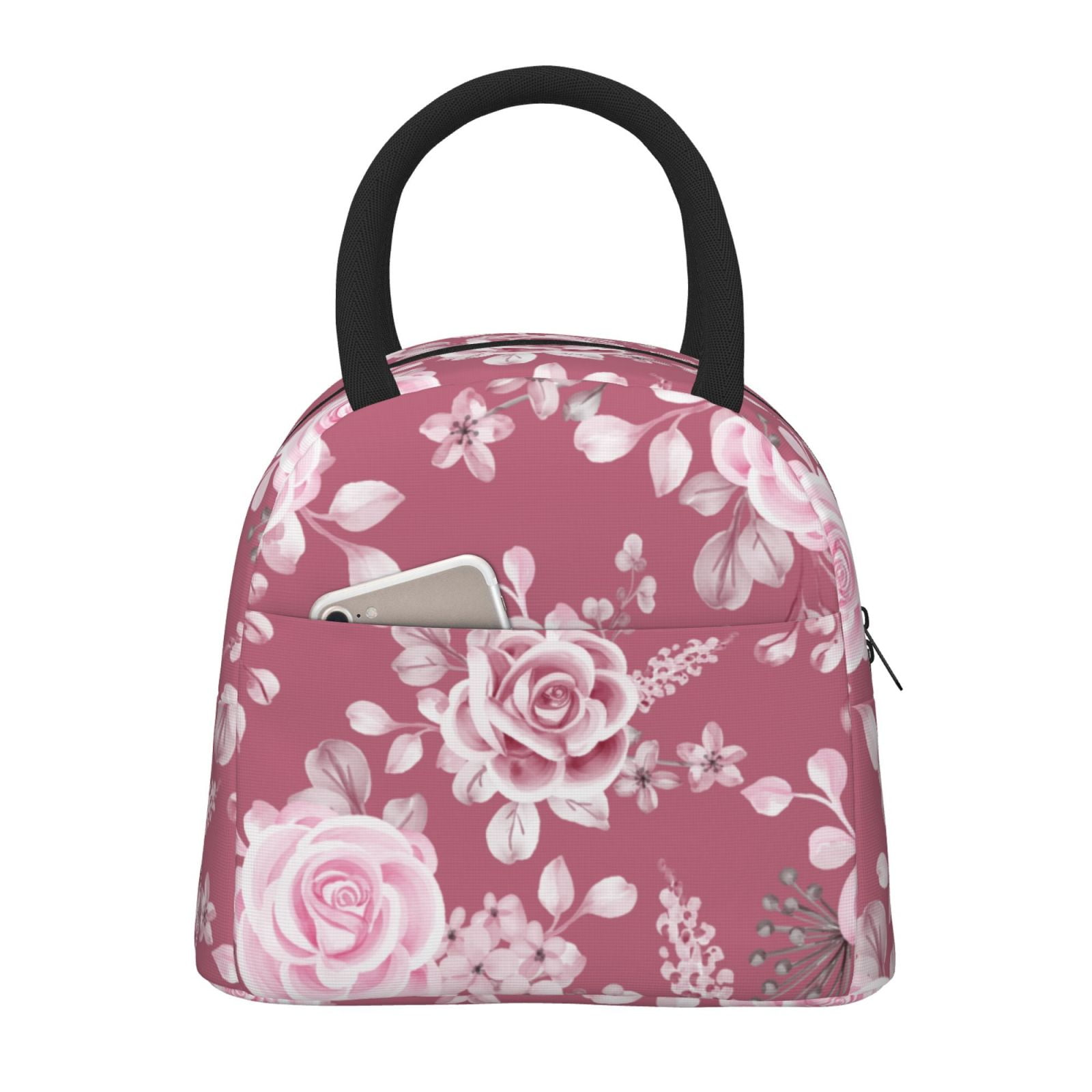 XMXT Reusable Lunch Bag Women, Hand Painted Pink Roses Large Lunchbox ...