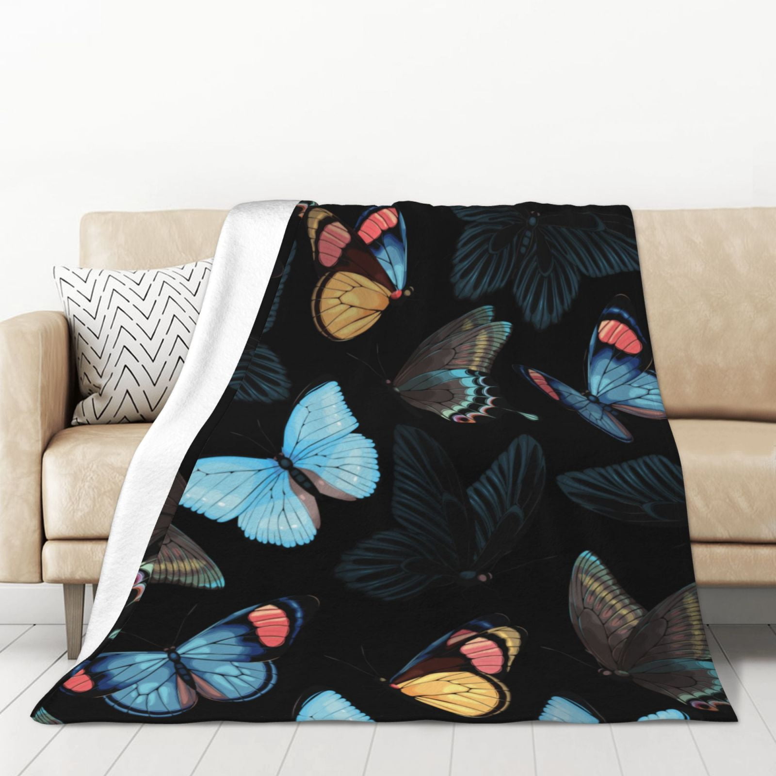 XMXT Throw Blanket, Black Background Colorful Butterflies Flannel ...