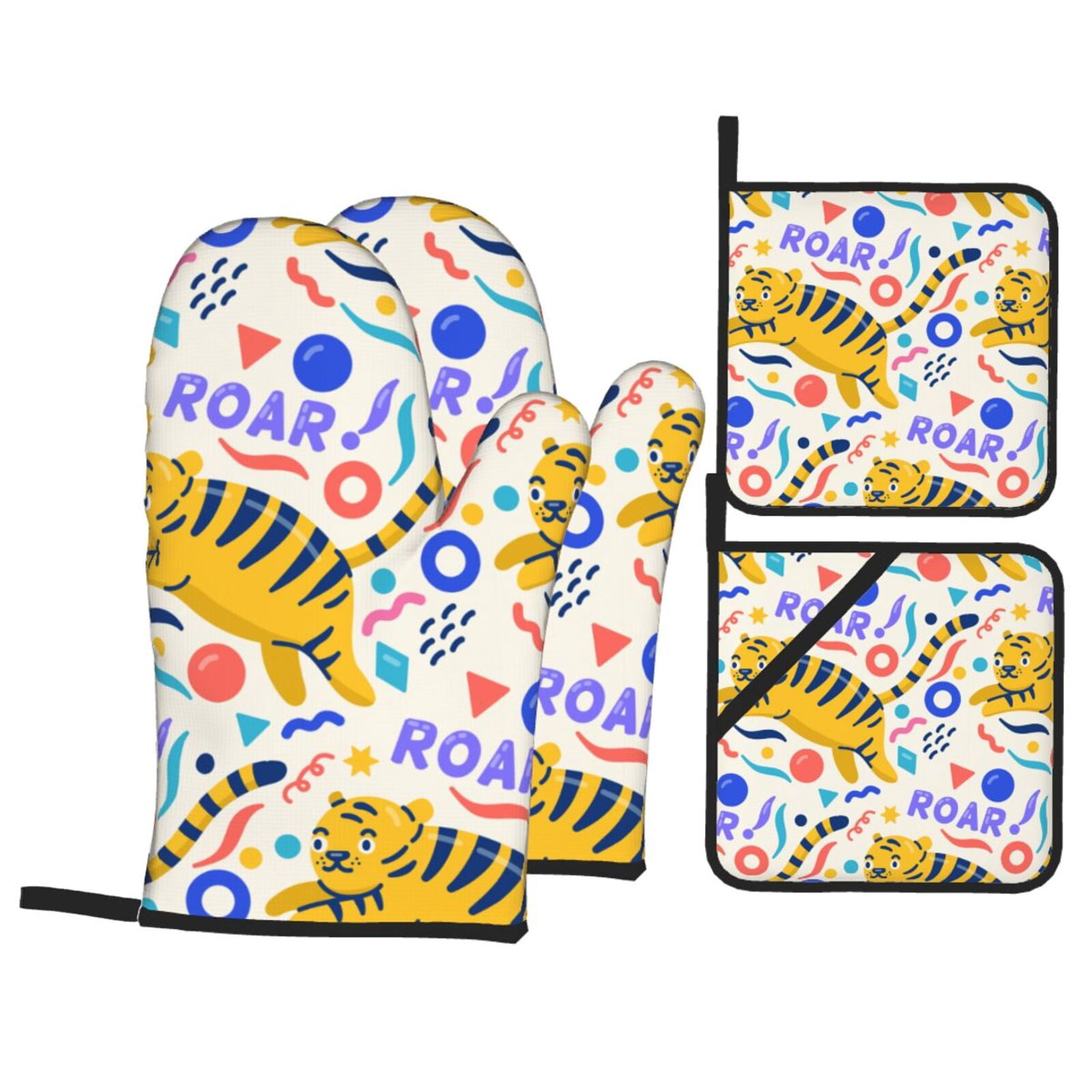 XMXT Waterproof Oven Mitts and Pot Holders Sets, Jumping Cartoon Tiger ...