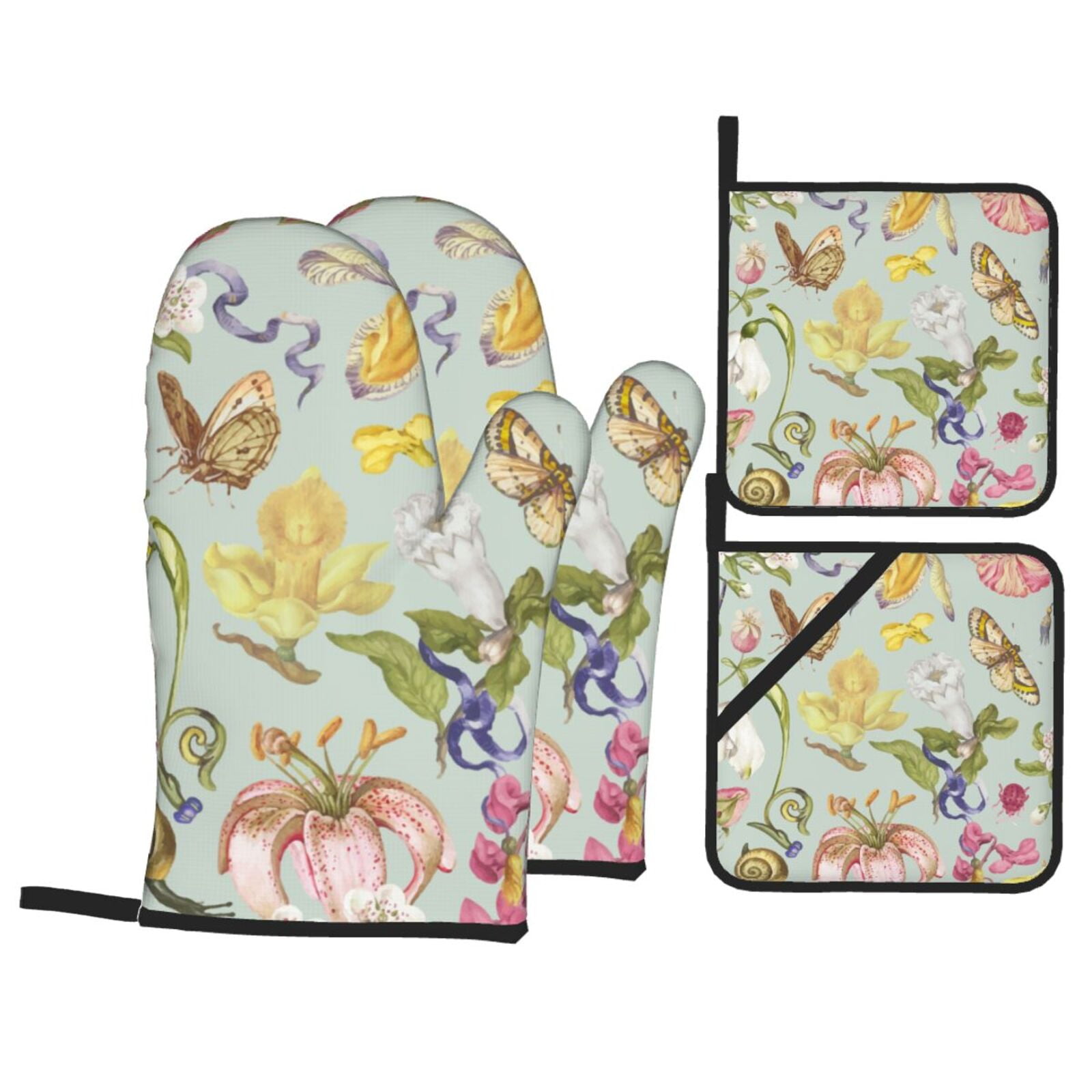 XMXT Waterproof Oven Mitts and Pot Holders Sets, Lily Floral Butterfly ...