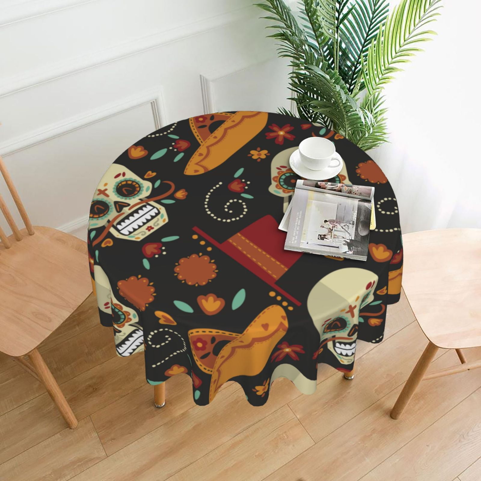 XMXT Waterproof Round Table Cloth, Cartoon Cowboy Hat Skull Tablecloth ...