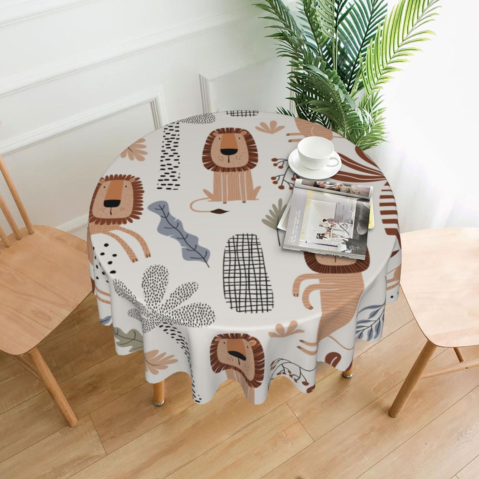 XMXT Waterproof Table Cloth, Boho Lion Hand Drawing Polyester Round ...