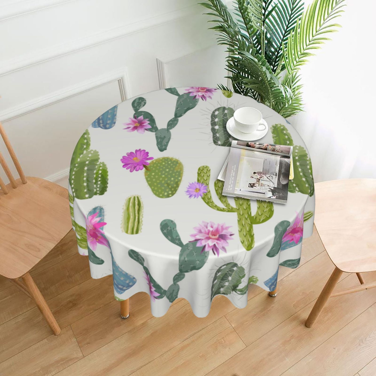XMXT Waterproof Table Cloth, Cartoon Cactus Floral Polyester Round ...