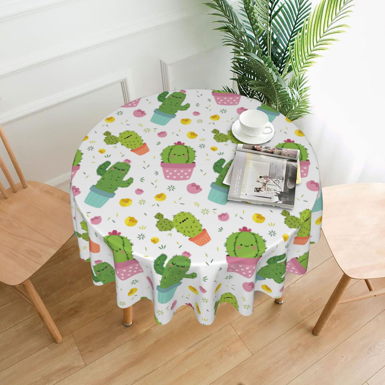 XMXT Waterproof Table Cloth, Cartoon Cactus Print Polyester Round ...