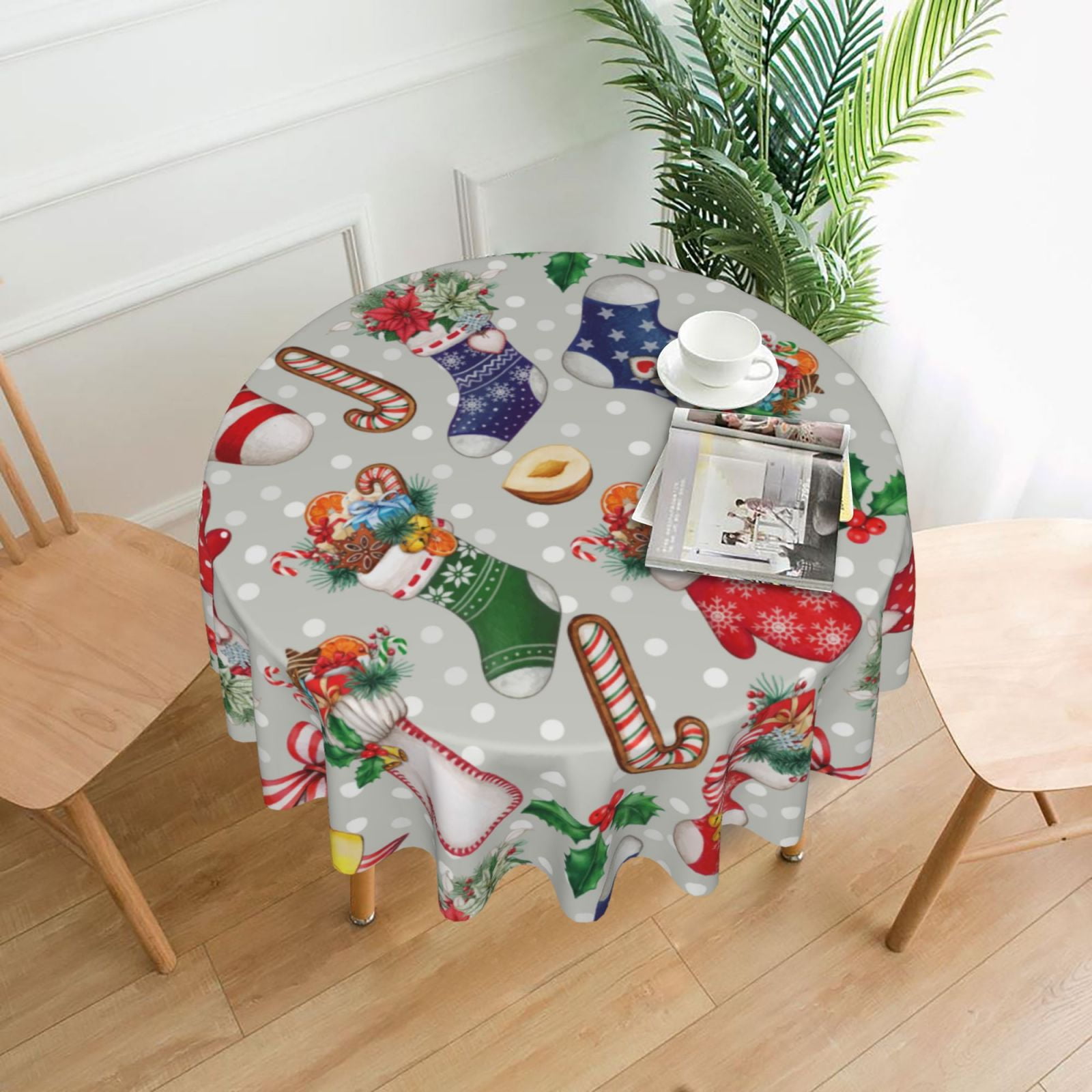 XMXT Waterproof Table Cloth, Cartoon Christmas Stocking Polyester Round ...