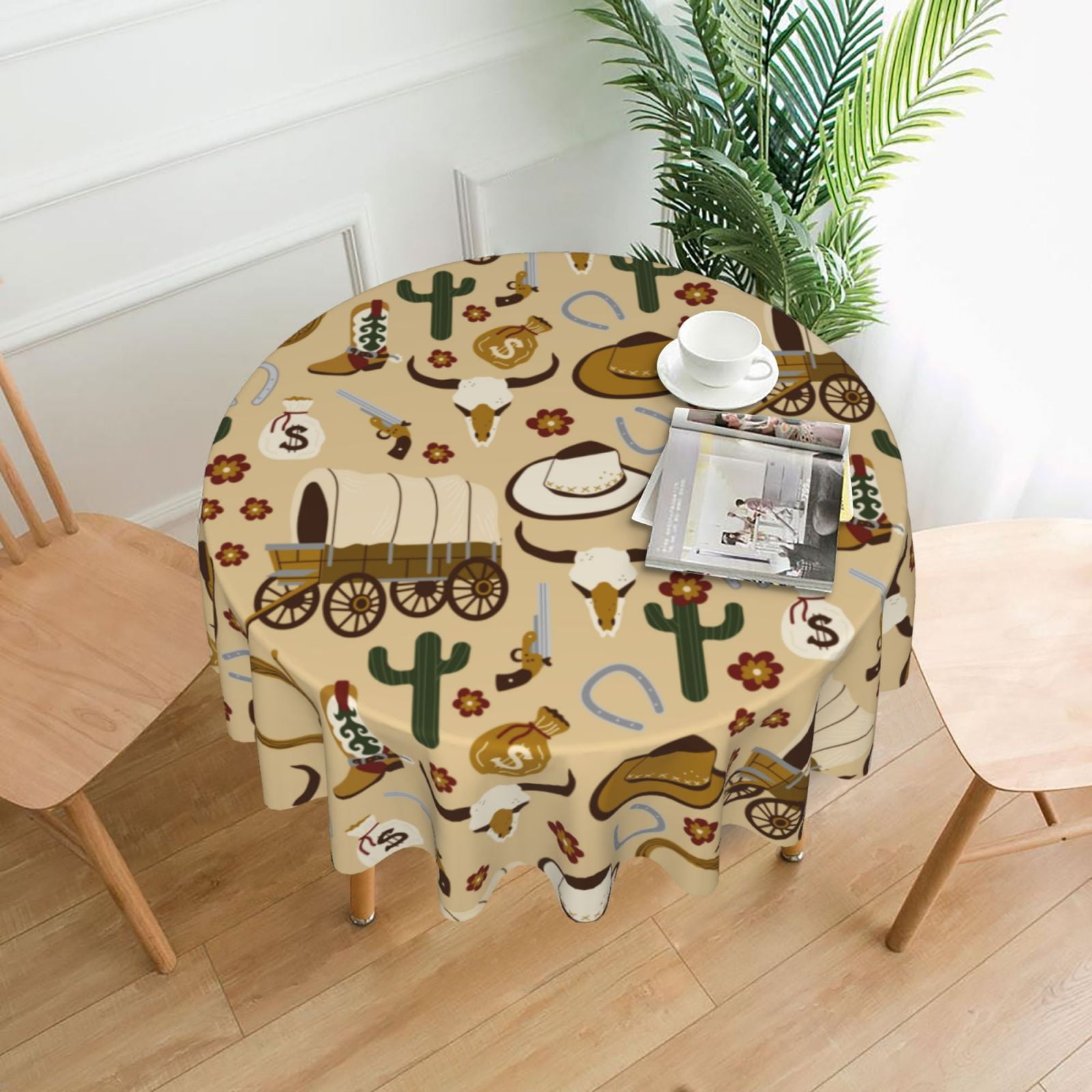 XMXT Waterproof Table Cloth, Cartoon Desert Elements Polyester Round ...
