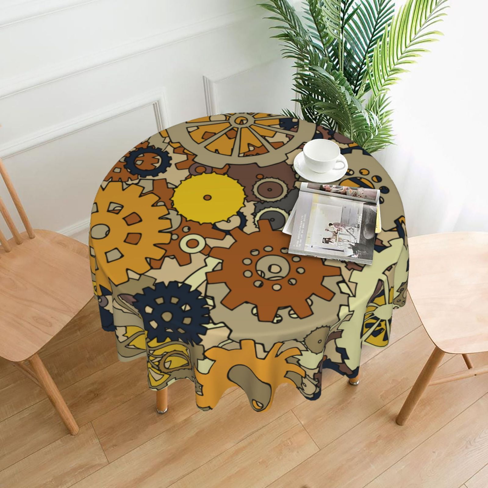 XMXT Waterproof Table Cloth, Cartoon Gear Print Polyester Round ...