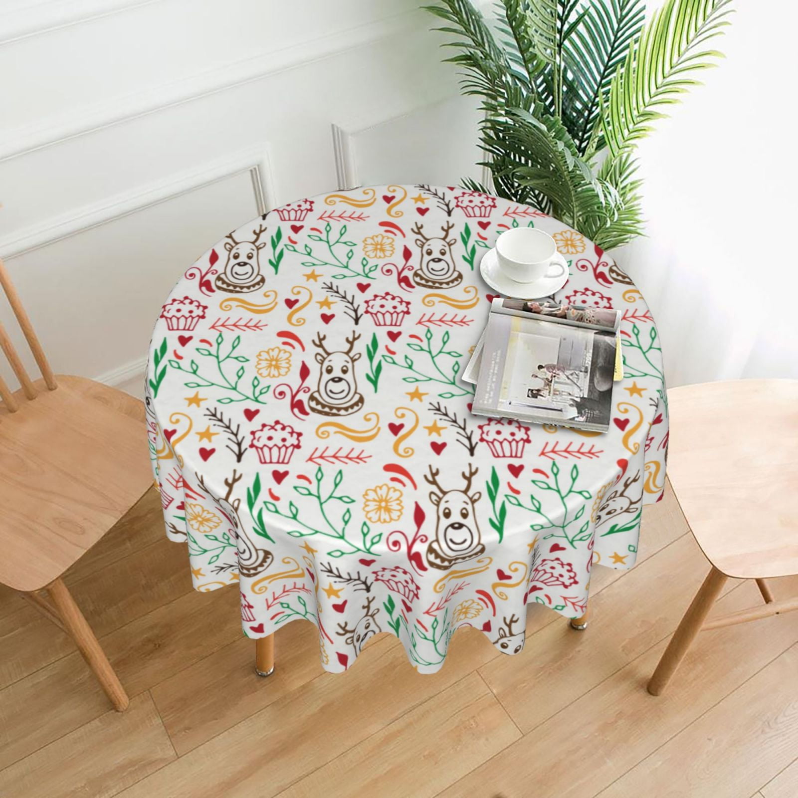 XMXT Waterproof Table Cloth, Cartoon Moose Leaf Polyester Round ...