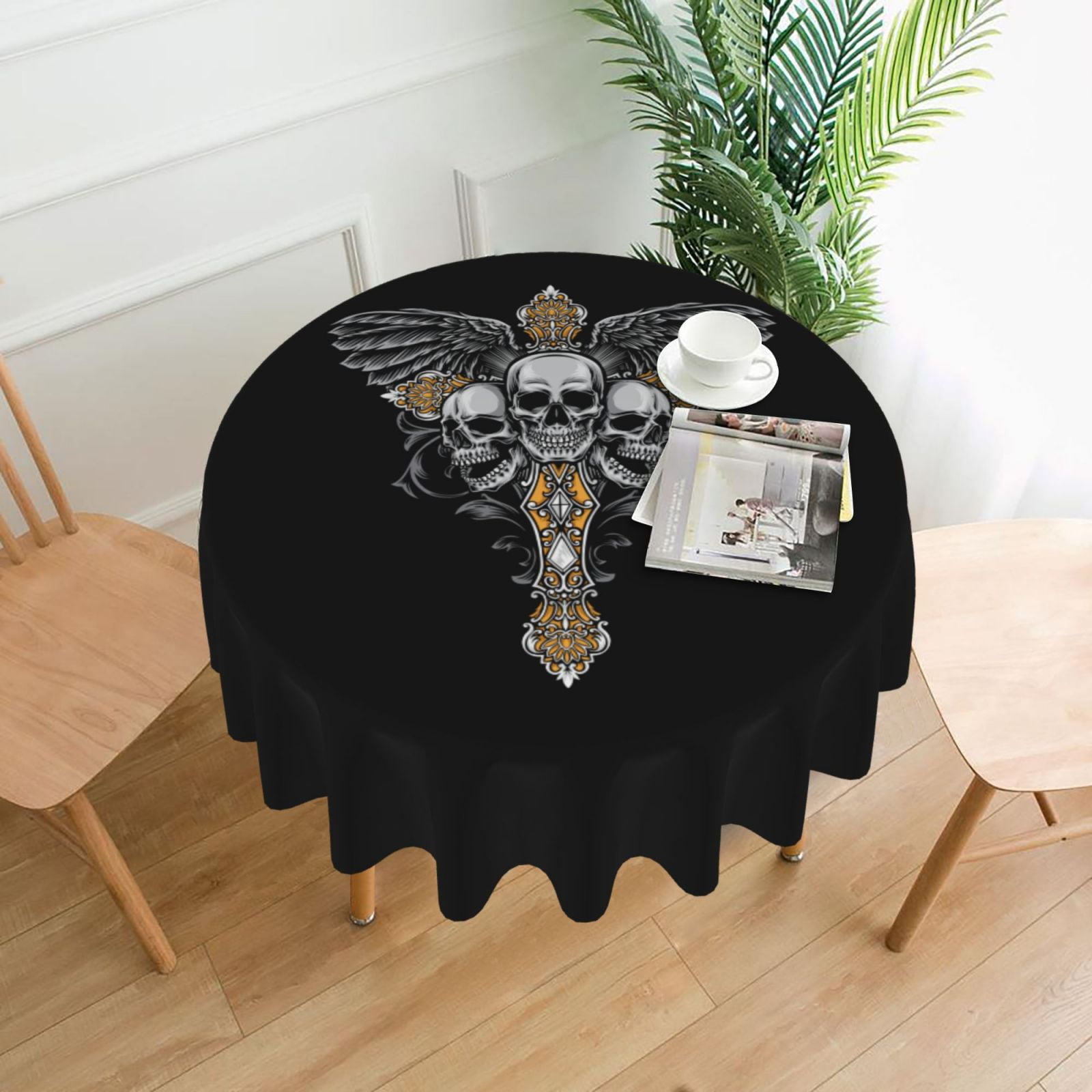 XMXT Waterproof Table Cloth, Crucifix Decoration Skull Polyester Round ...