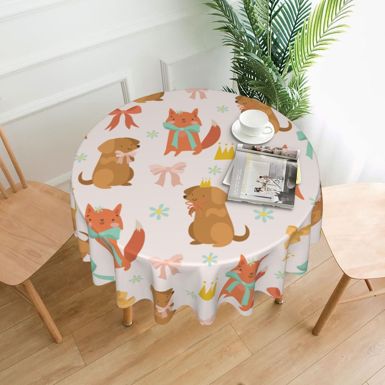 XMXT Waterproof Table Cloth, Cute Bow Animals Polyester Round ...